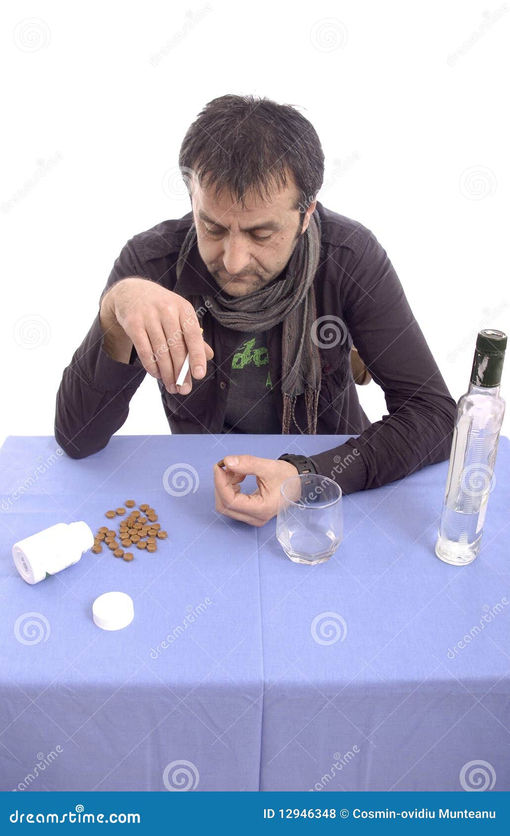 Expressive Sad Man Sitting at the Table Stock Photo - Image of medicine ...