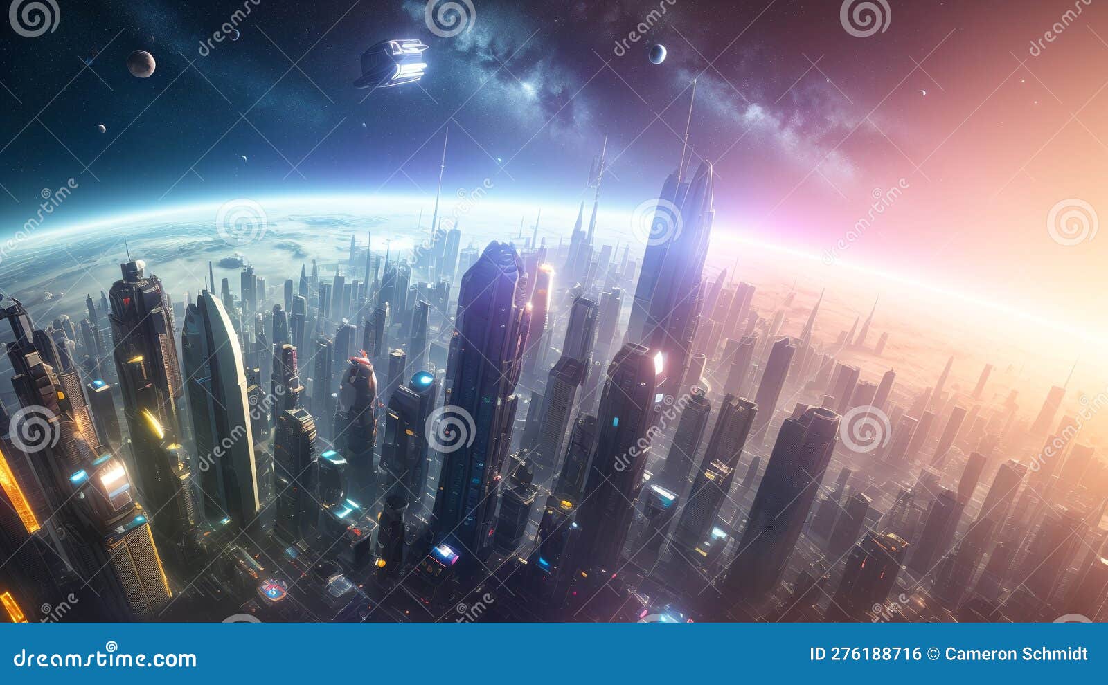 An Expressive View of a Futuristic City with a Planet in the Background ...