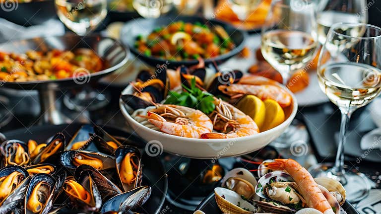 Exquisite Array of Seafood Dishes with Refreshing White Wine in an ... Exquisite Array of Seafood Dishes with Refreshing White Wine in an ...
