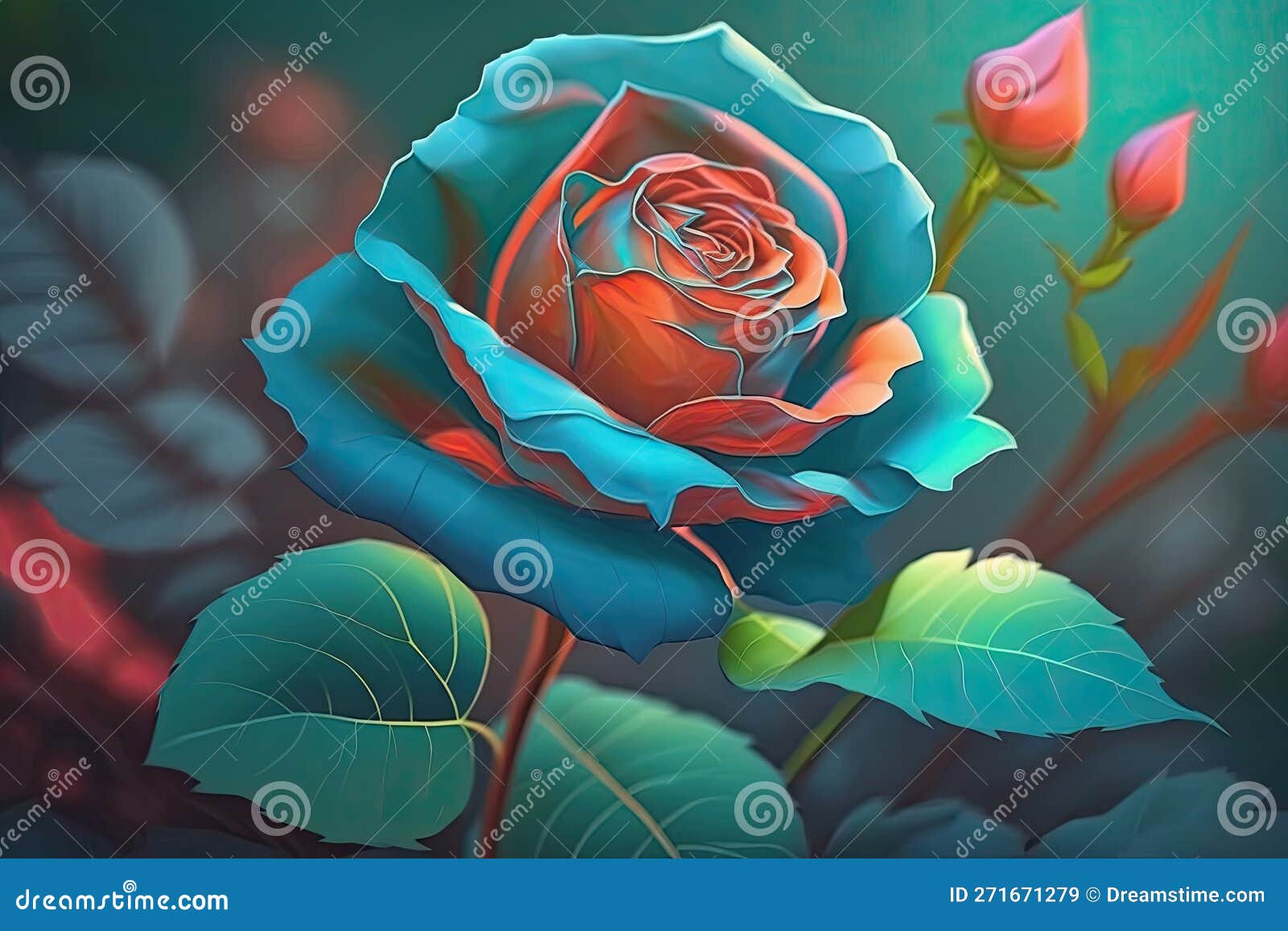 An Exquisite Coral Rose Blooms in a Rose Garden. Impressive Perspective ...