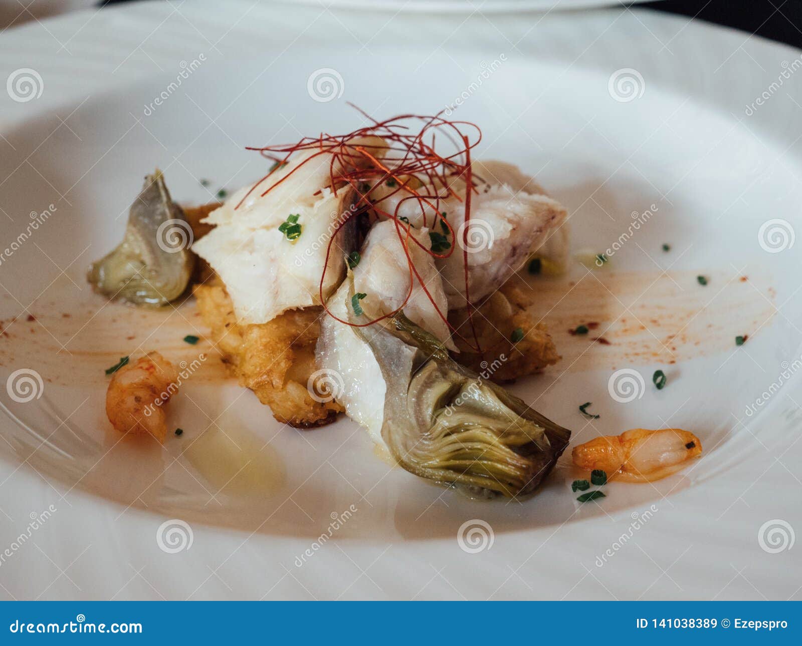 Exquisite Dish with Fish and Prawns in Luxury Restaurant Stock Image ...