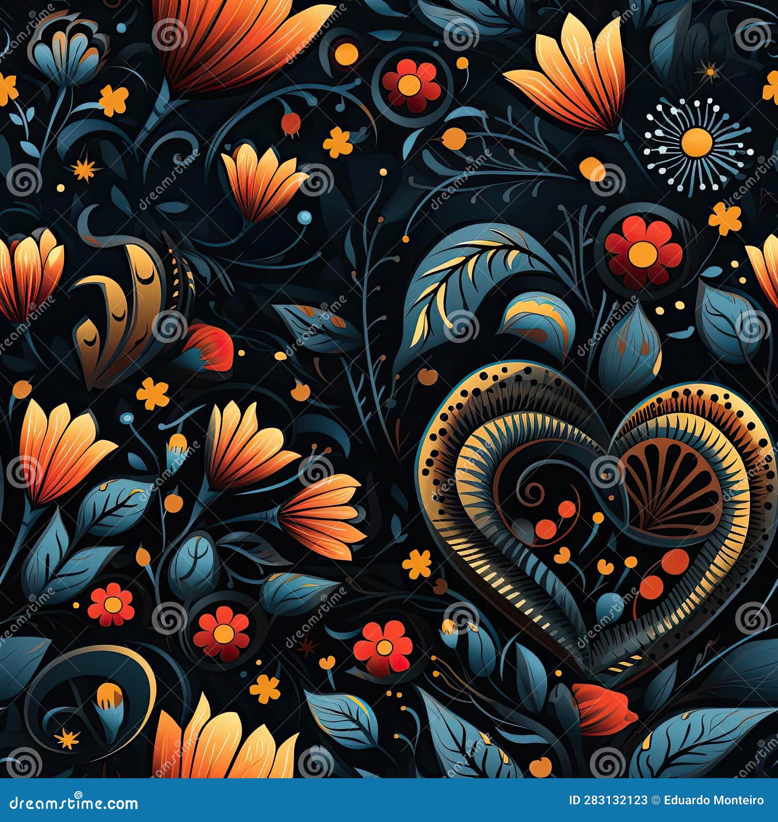 Exquisite Floral Pattern with Dark Background and Amber Accents (tiled ...