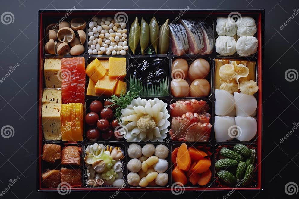 Exquisite Japanese Bento Box Containing Different Types of Food Stock ...