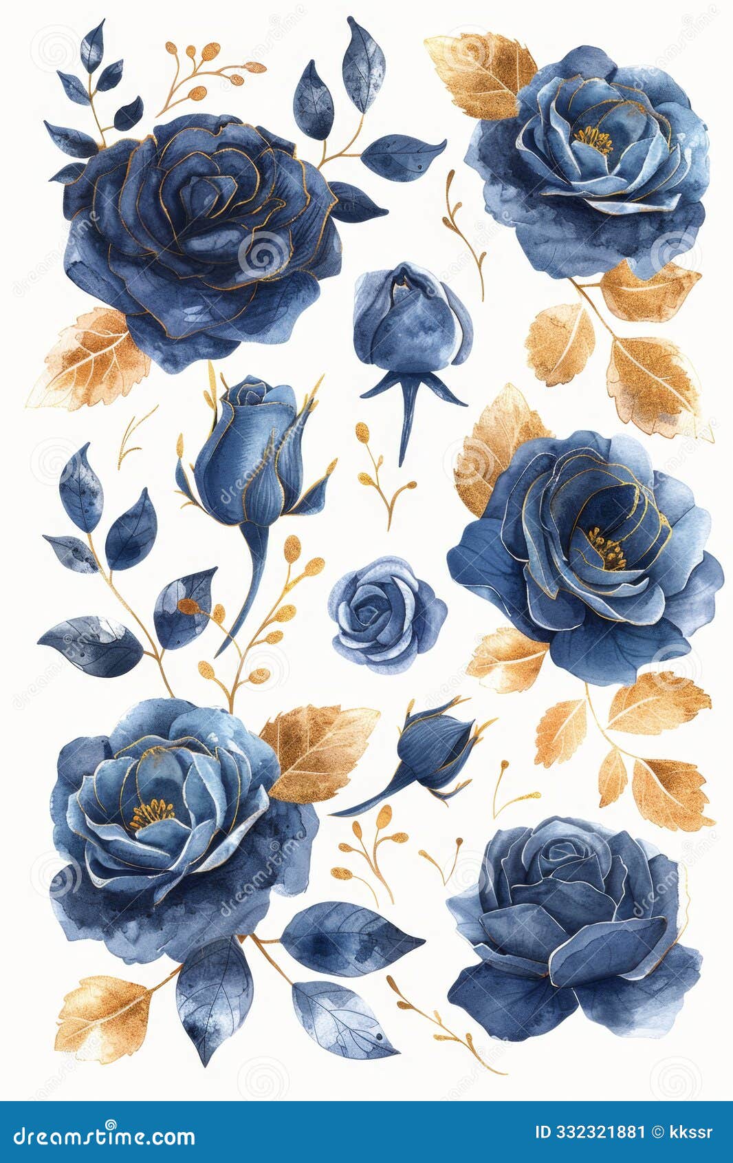 Exquisite Navy Blue Roses and Gold Branches Watercolor Elements on ...
