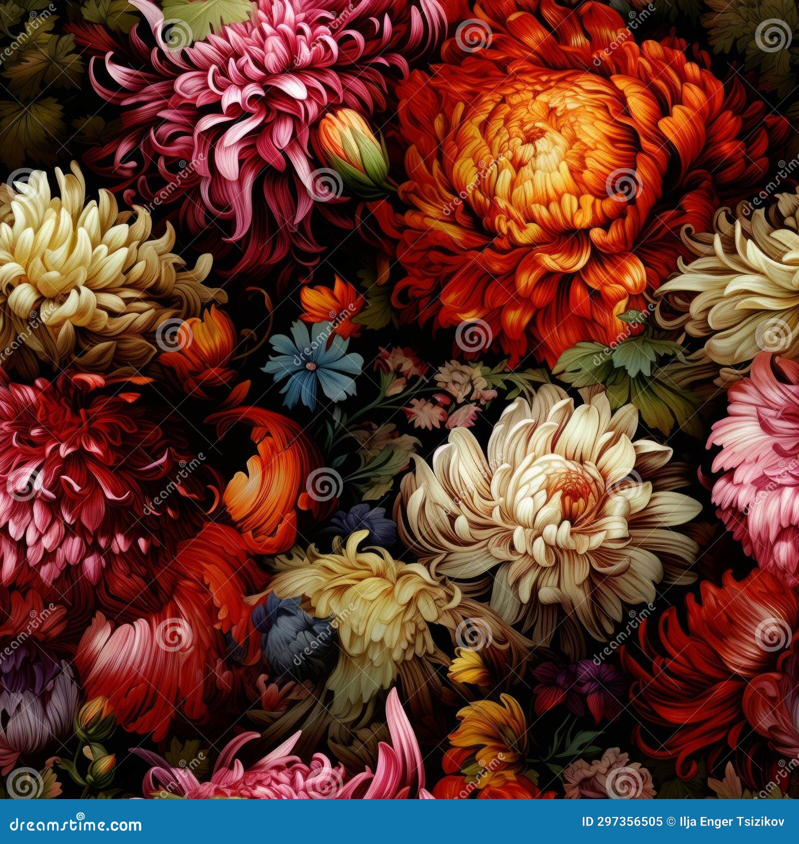 Exquisitely Hand Drawn Vibrant Floral Seamless Pattern with a Stunning ...