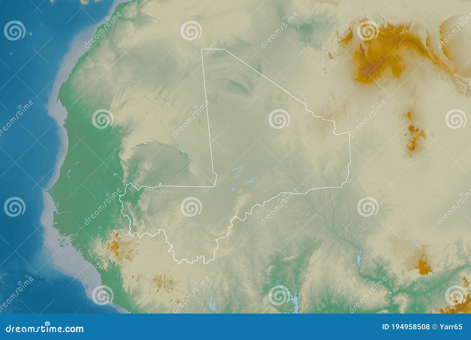 Mali outlined. Relief stock illustration. Illustration of rendering ...