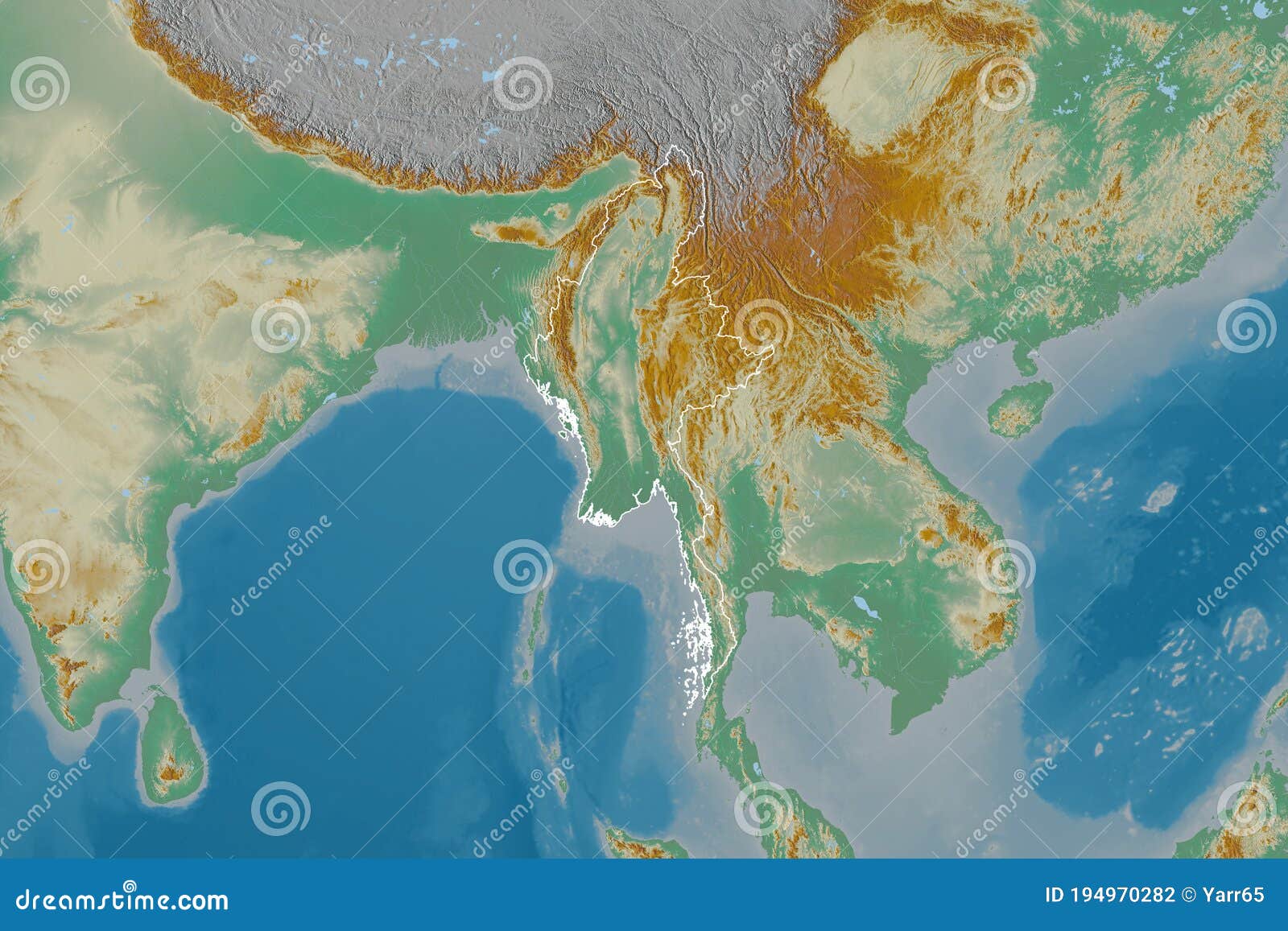 Myanmar outlined. Relief stock illustration. Illustration of country ...