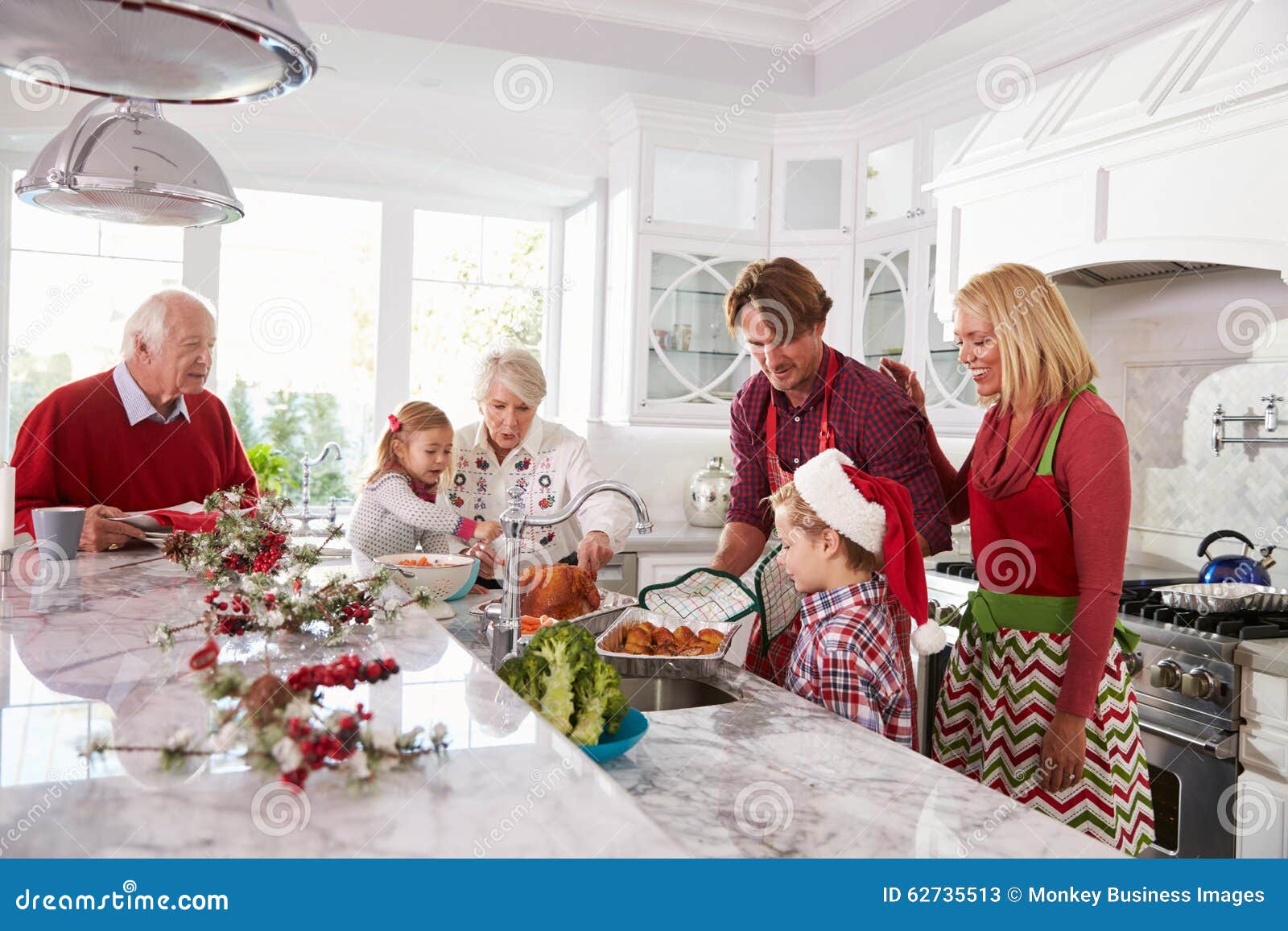 Extended Family Group Preparing Christmas Meal in Kitchen Stock Image ...
