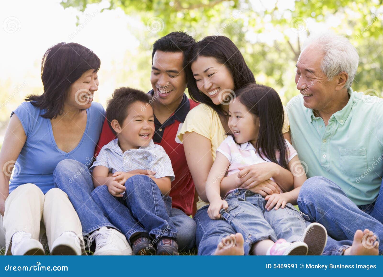 Extended Family Sitting Outdoors Smiling Stock Image - Image of senior ...
