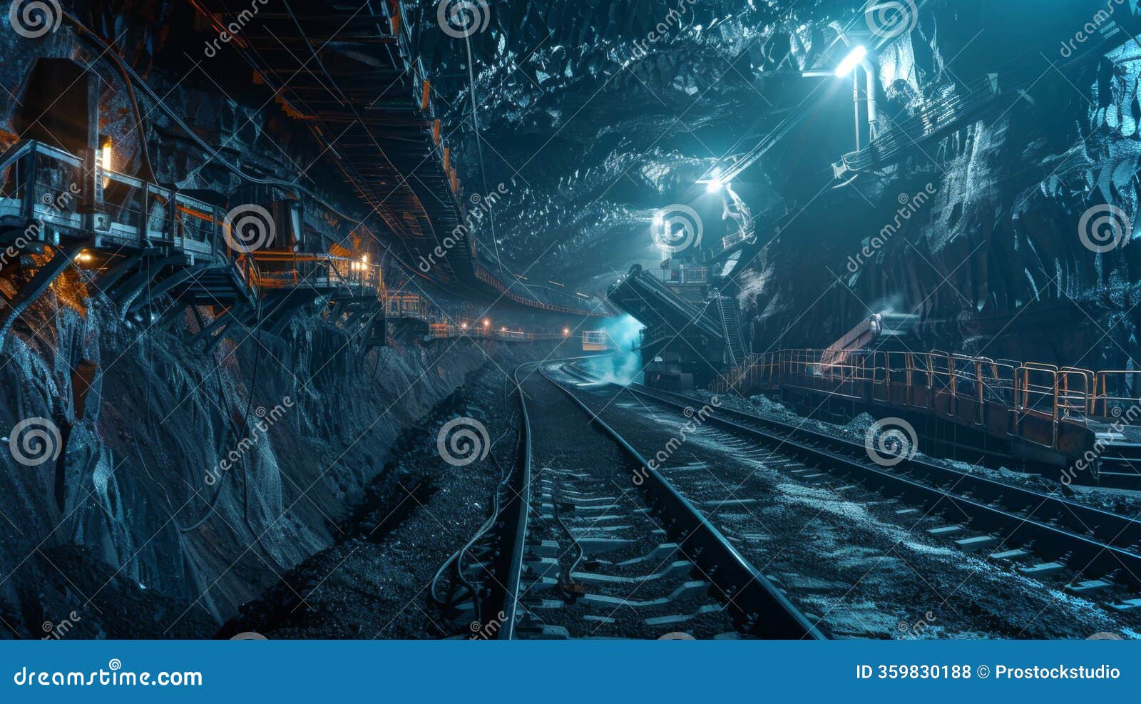 Extensive Underground Mining Operation with Illuminated Tracks and ...