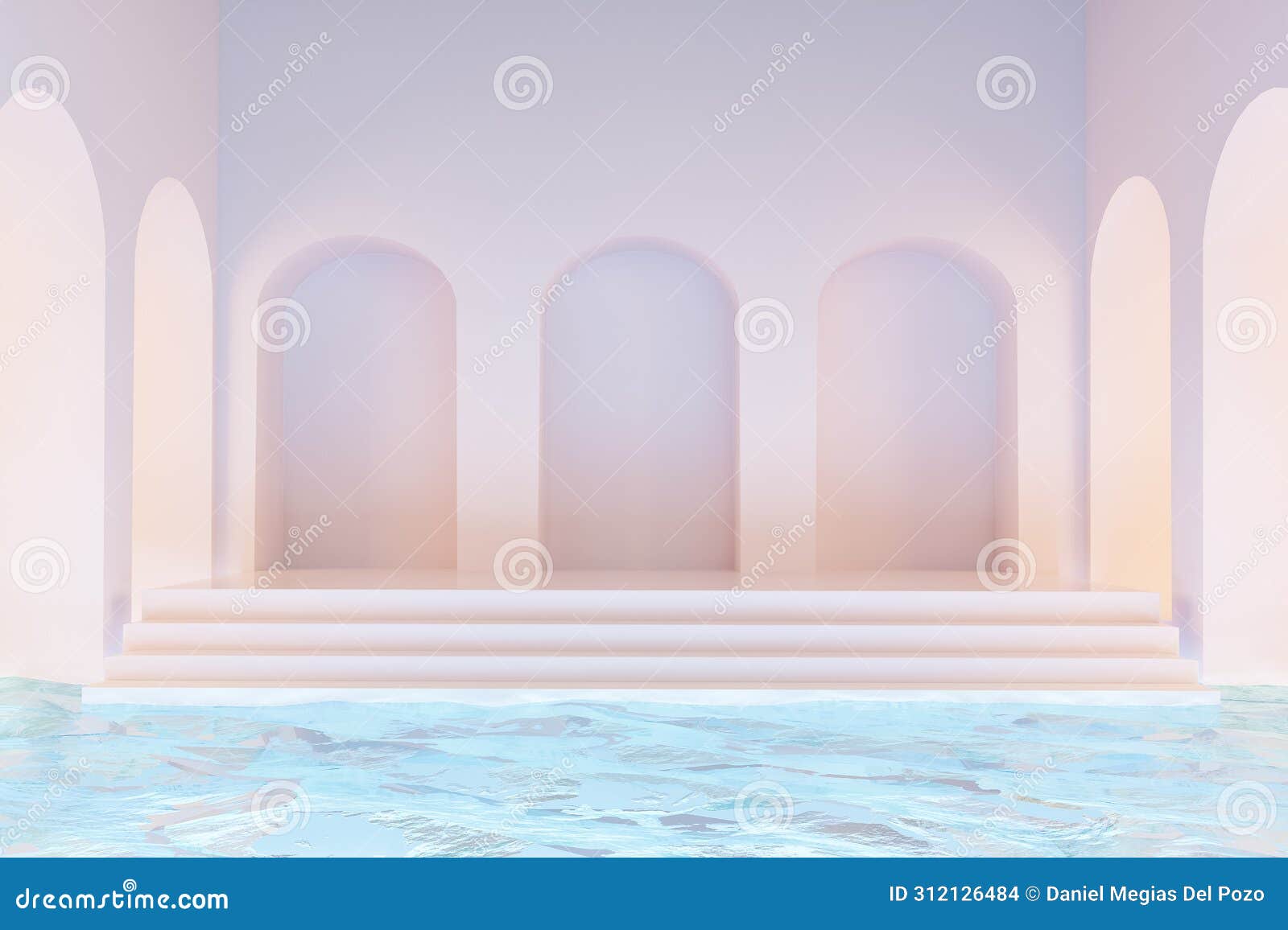Exterior of Arched Wall Building with Steps in Water. 3d Render Stock ...
