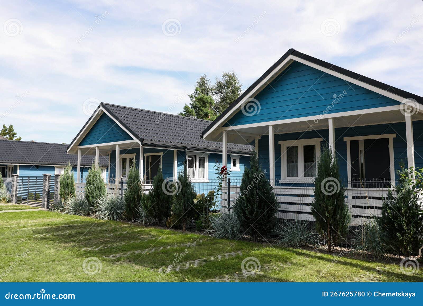 Exterior of Beautiful Modern Blue Houses Outdoors Stock Photo - Image ...