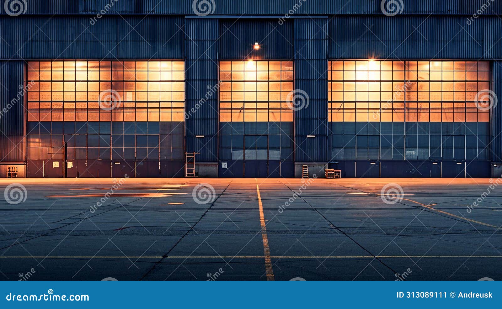 Exterior of Big Industrial Warehouse with Windows at Night Stock ...