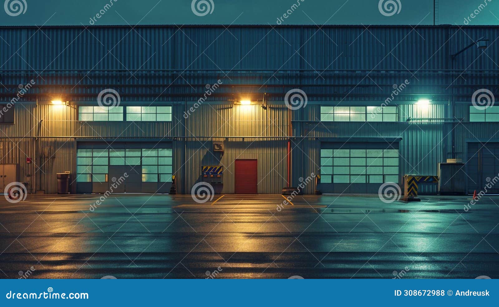 Exterior of Big Warehouse with Windows at Night Stock Illustration ...