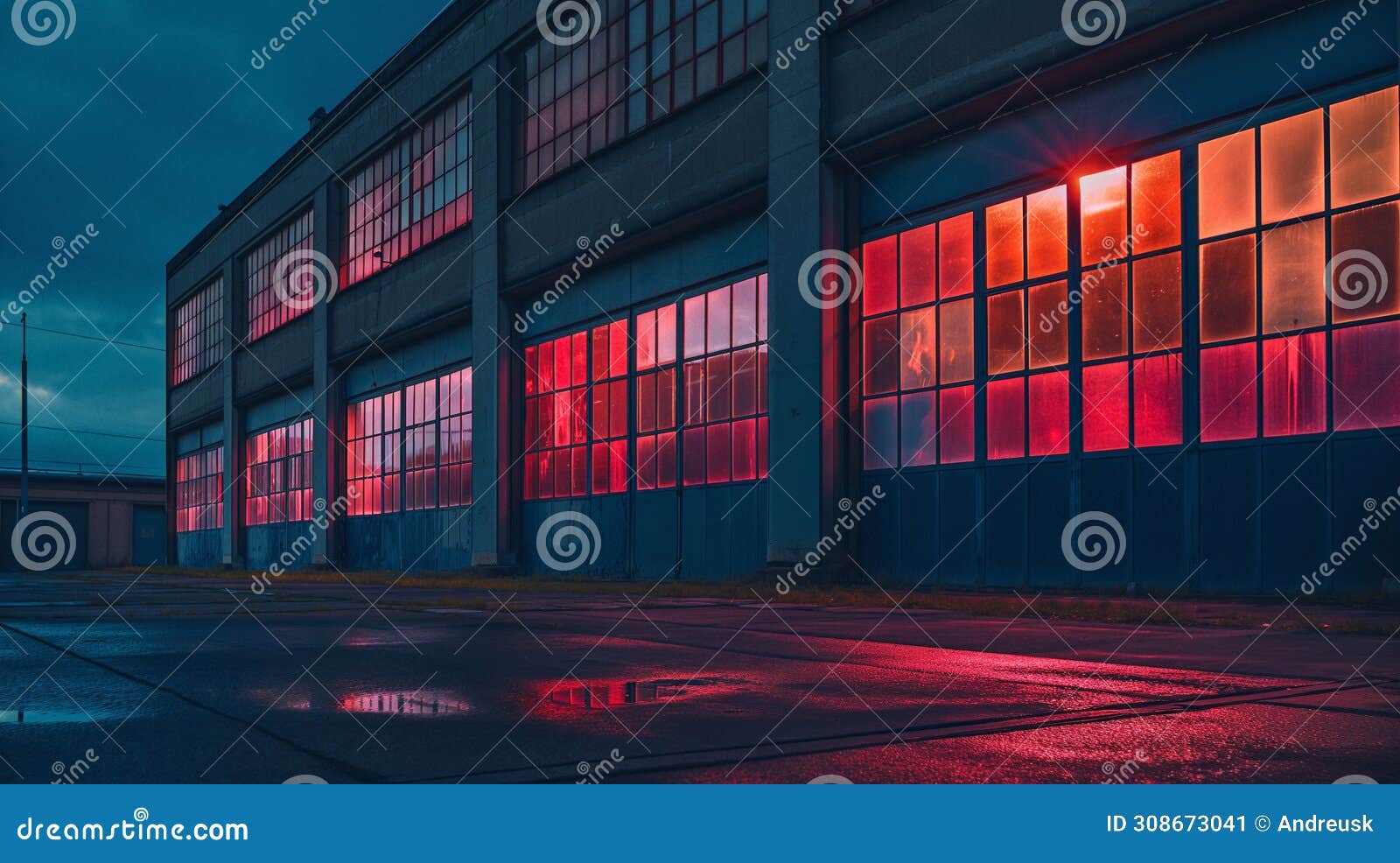 Exterior of Big Warehouse with Windows at Night Stock Illustration ...