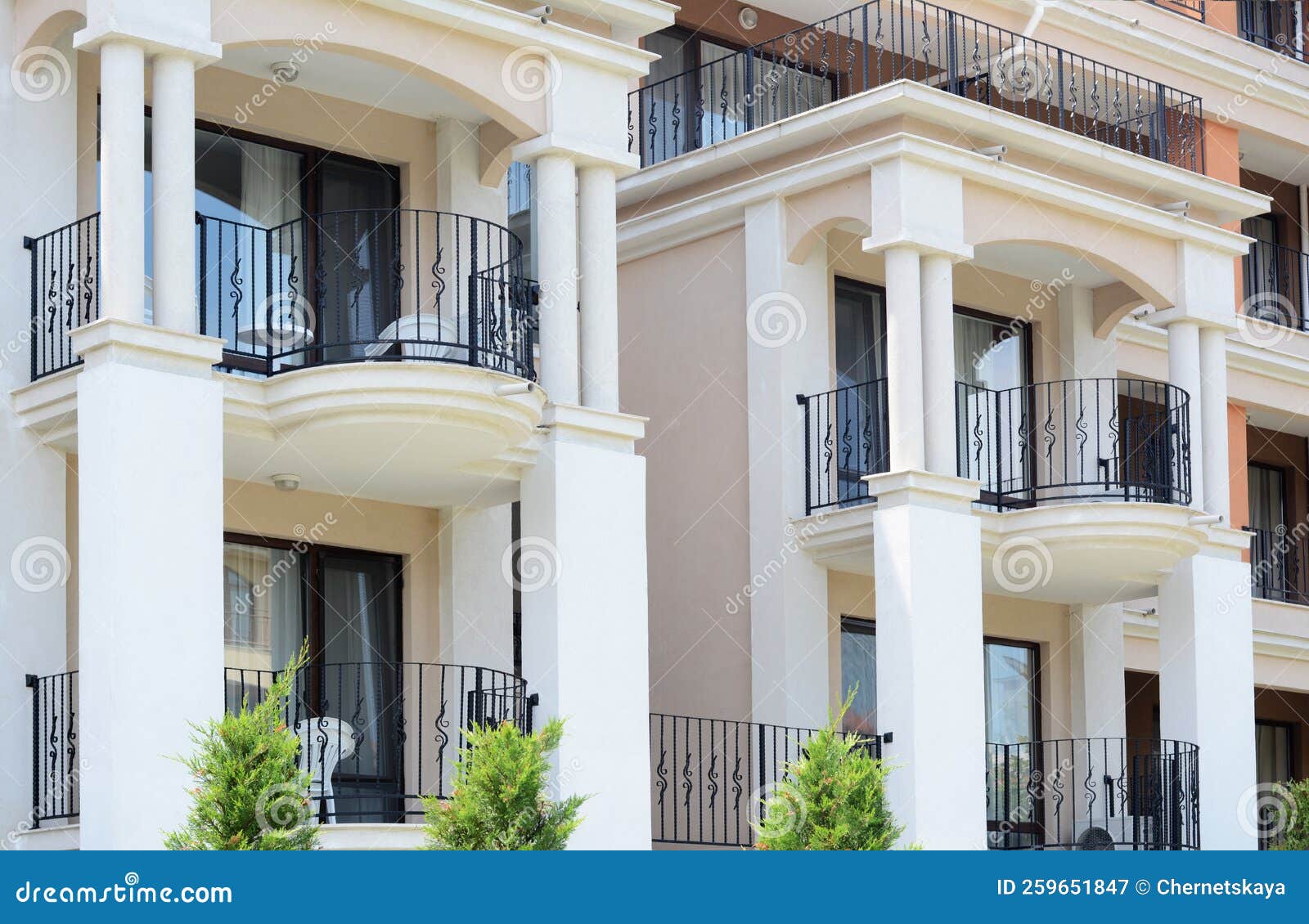 Exterior of Building with Balconies on Sunny Day Stock Image - Image of ...