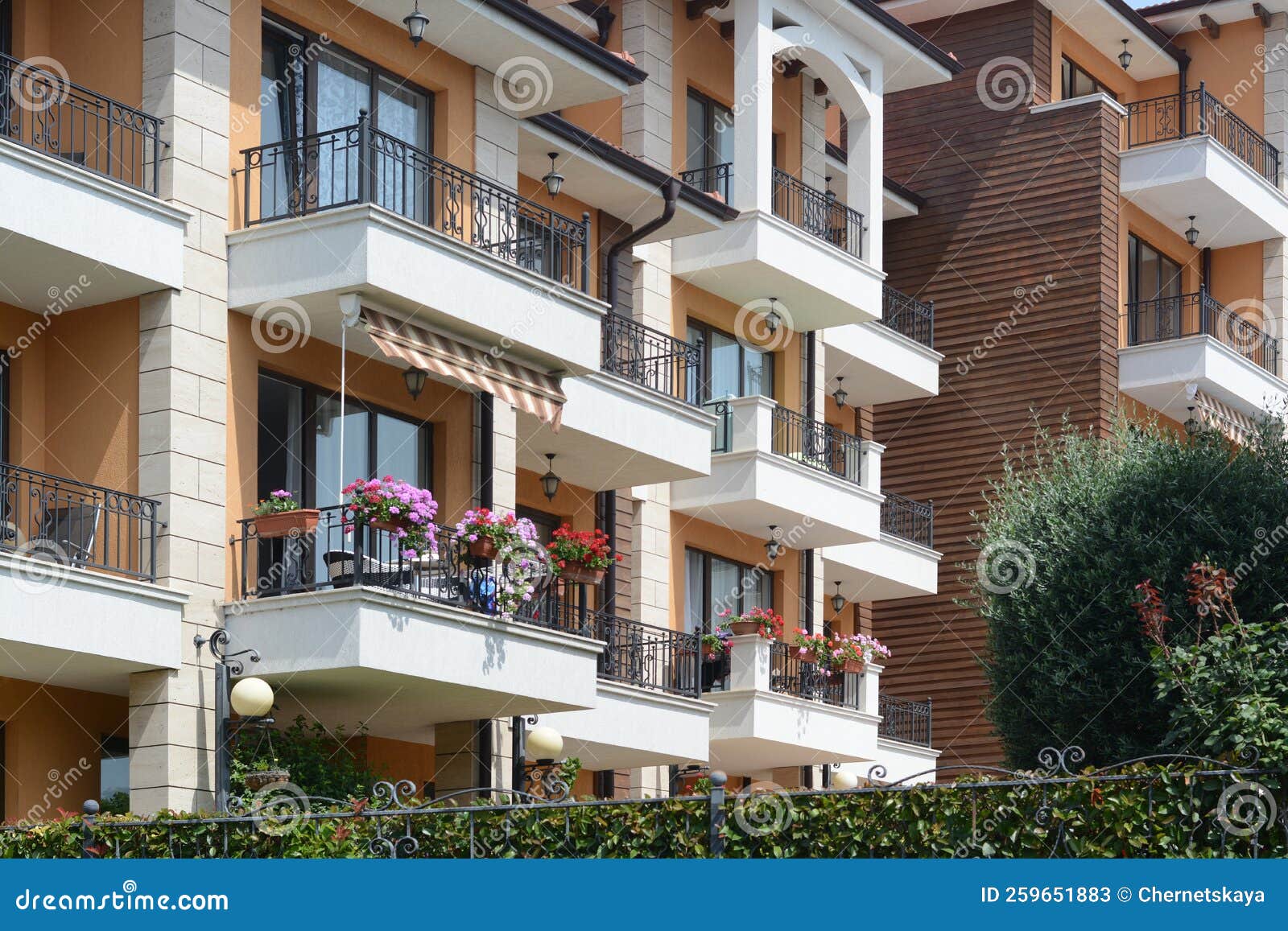 Exterior of Building with Balconies on Sunny Day Stock Image - Image of ...