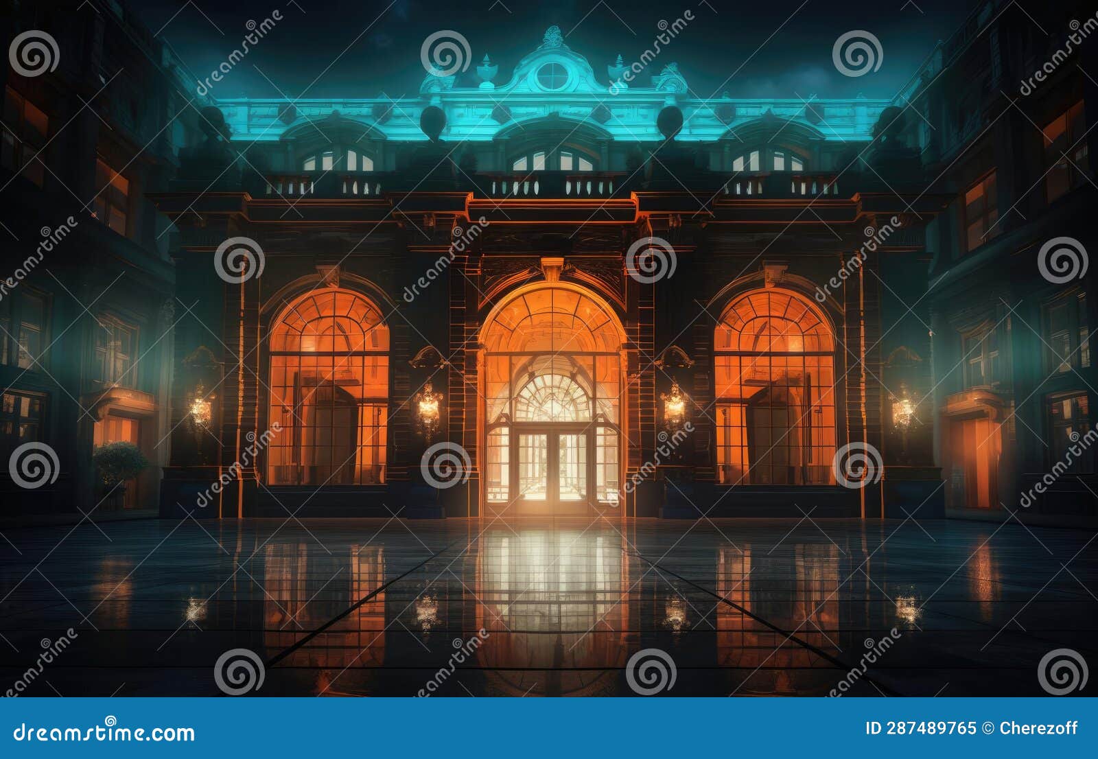 The Exterior of the Building with Luminous Lines Stock Illustration ...