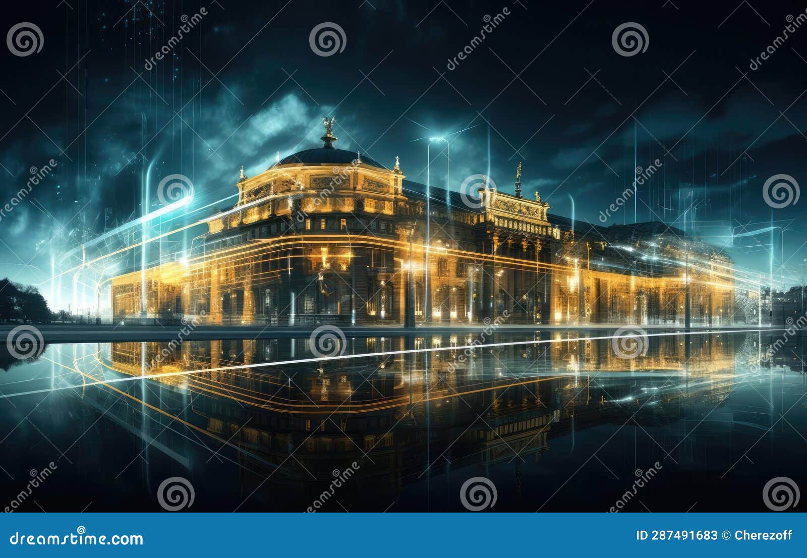 The Exterior of the Building with Luminous Lines Stock Illustration ...
