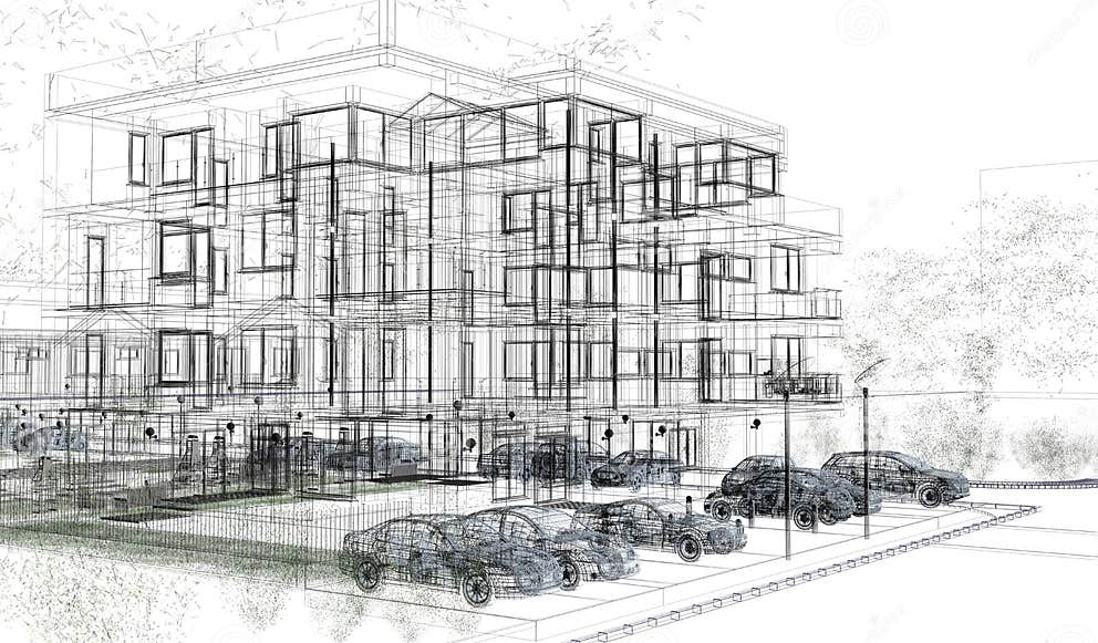 Exterior Building Wireframes, Design Rendering, Architecture Stock ...
