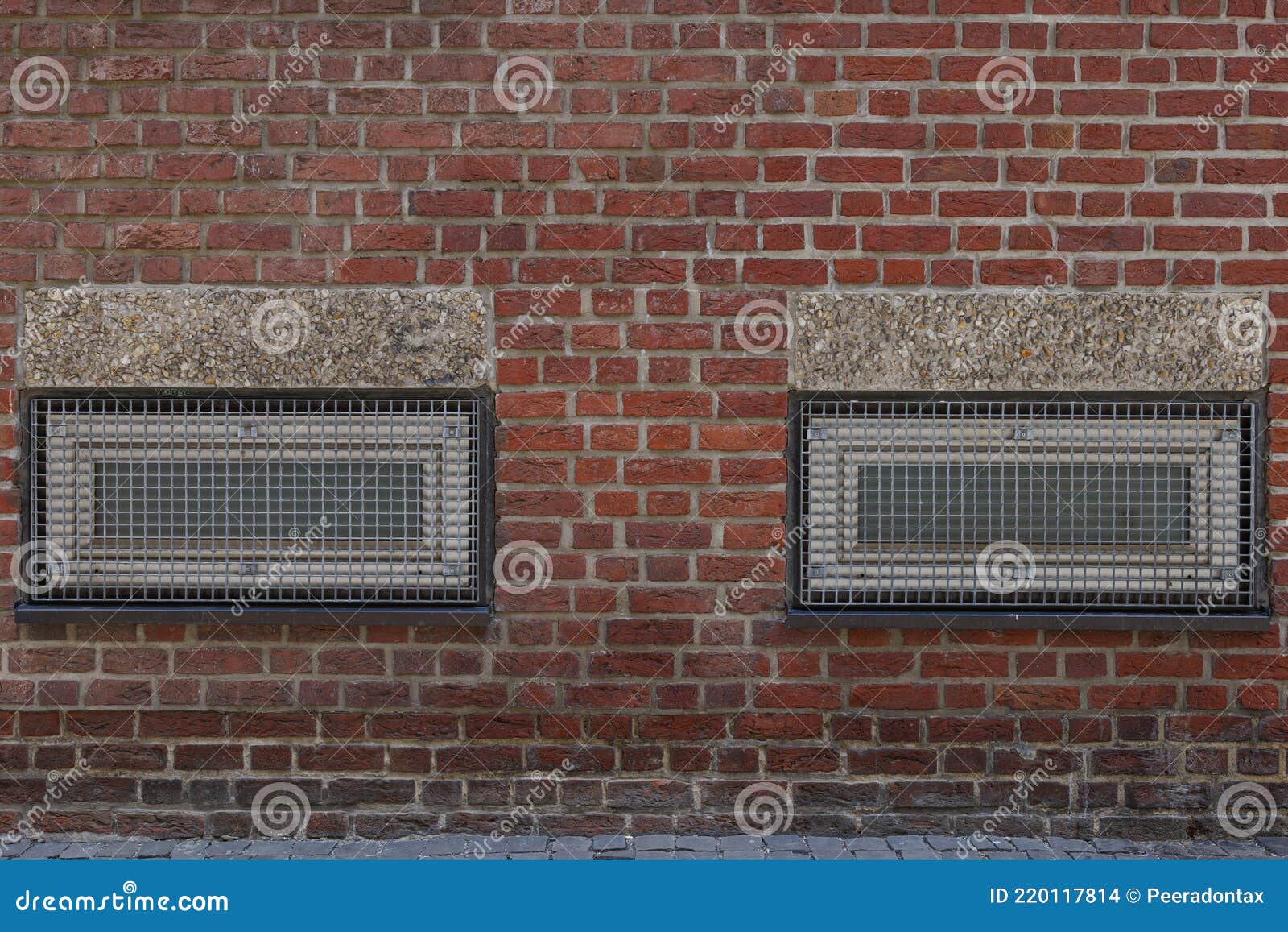 Metal Rectangular Windows with Grating on Rough Brick Wall. Stock Photo - Image of home, fence ...