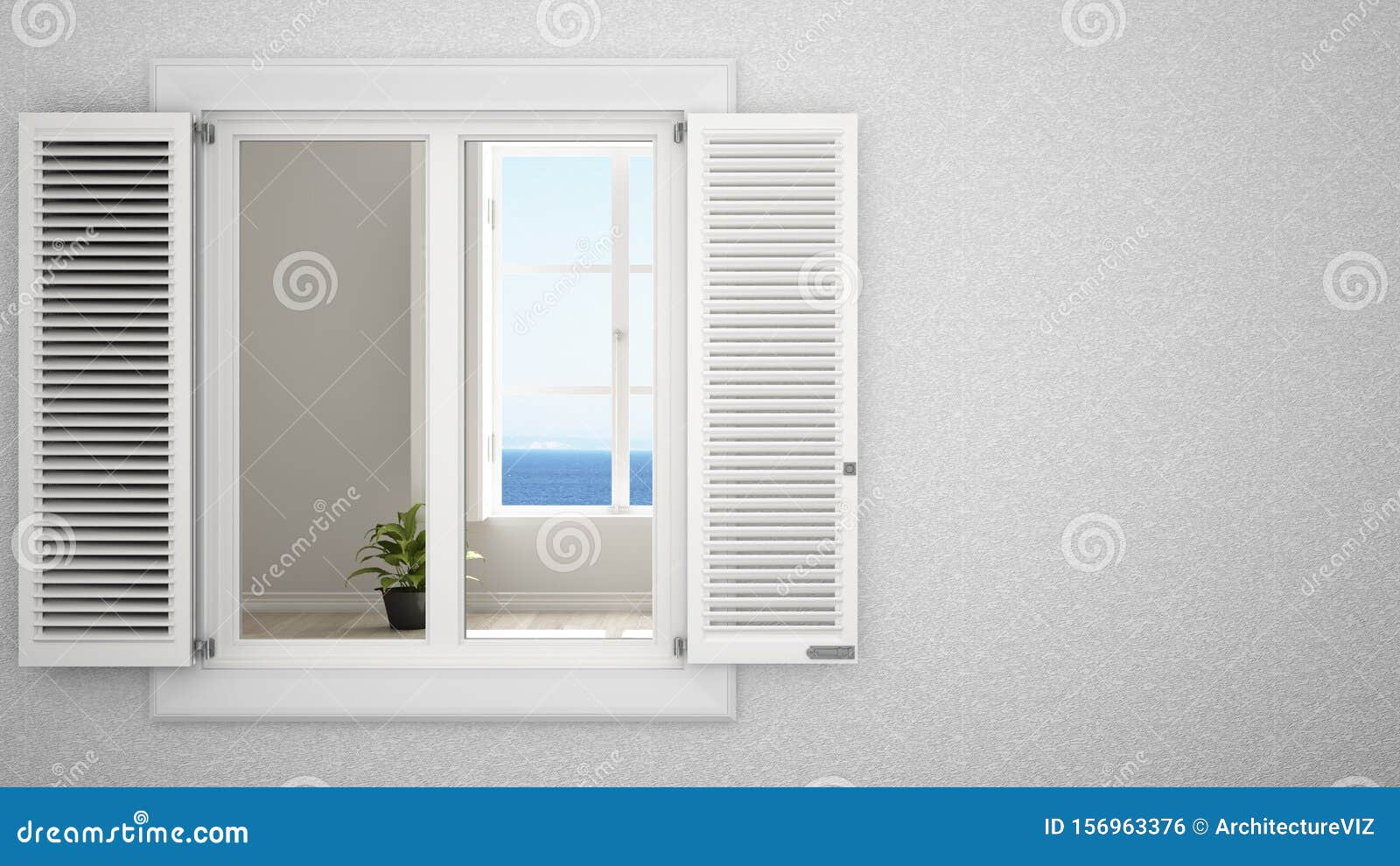 Exterior Plaster Wall With White Window With Shutters, Showing Interior ...