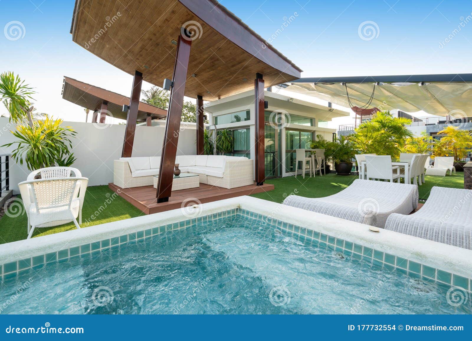 Exterior Rooftop Balcony with Swimming Pool and Pavilion Stock Photo ...