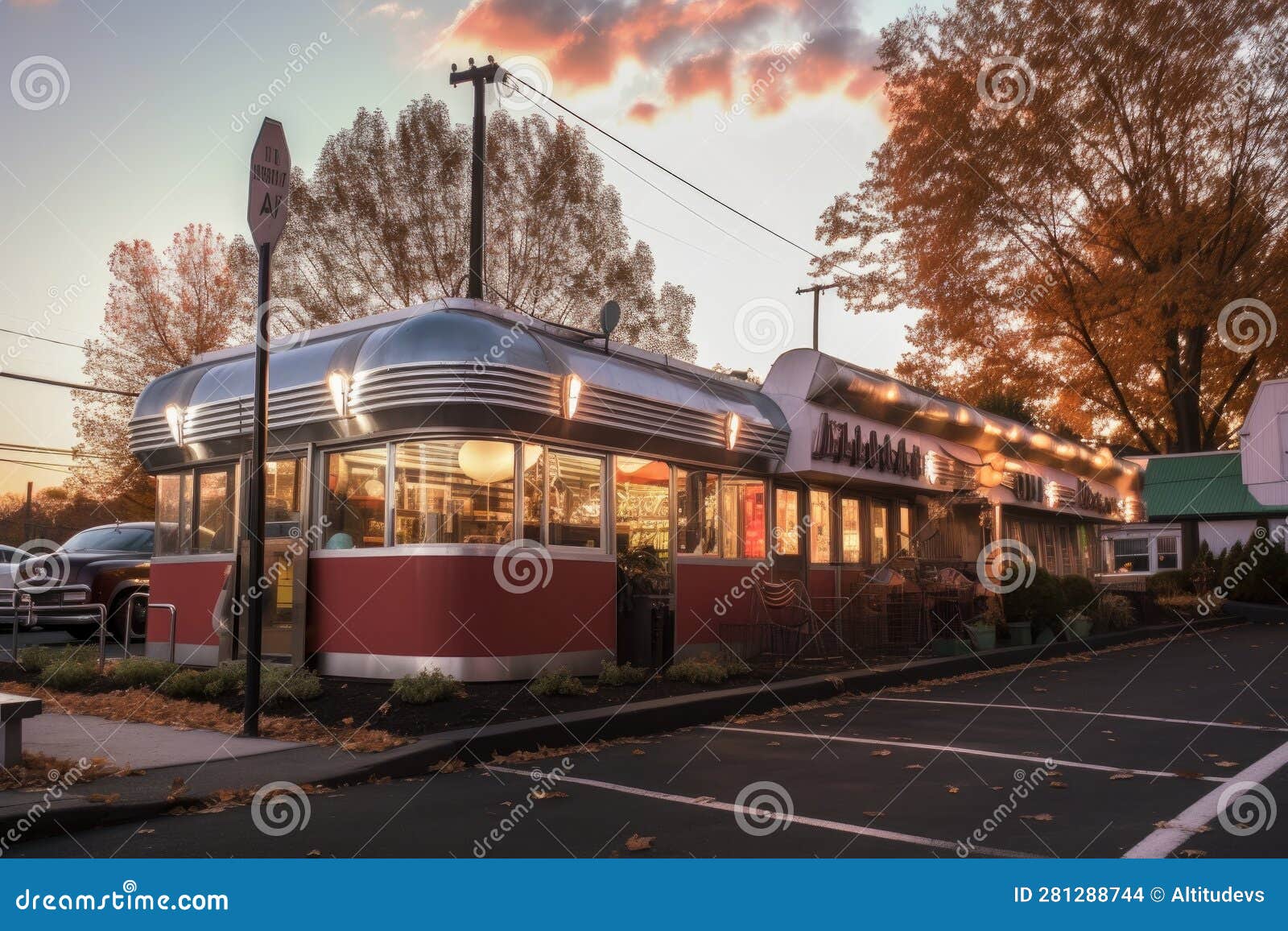 Exterior Shot of a 1950s-style Diner Stock Illustration - Illustration of neon, generative ...
