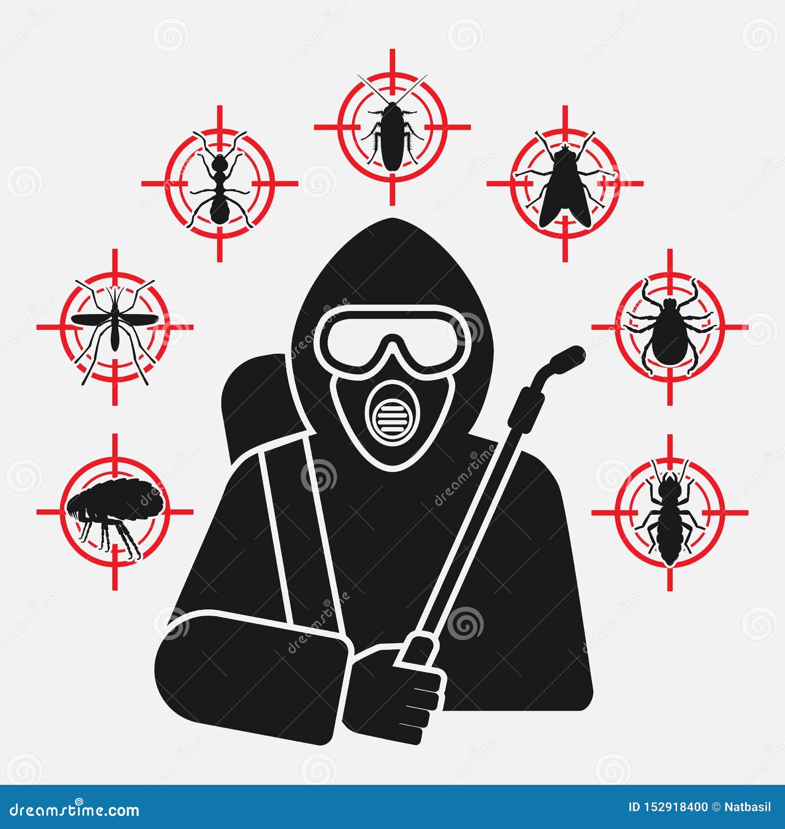 Exterminator with Sprayer Silhouette Surrounded by Insect Pest Icons ...