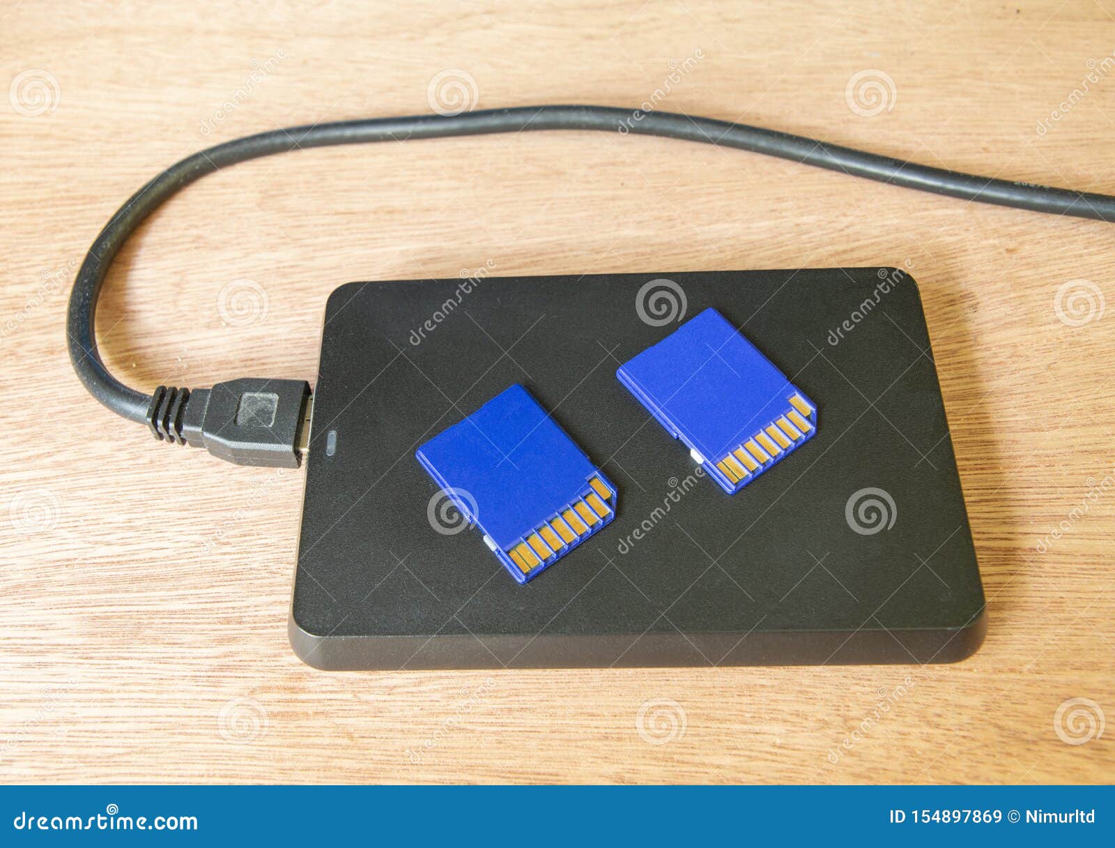 External Computer Disk and Two Camera Memory Cards on a Desk Stock ...