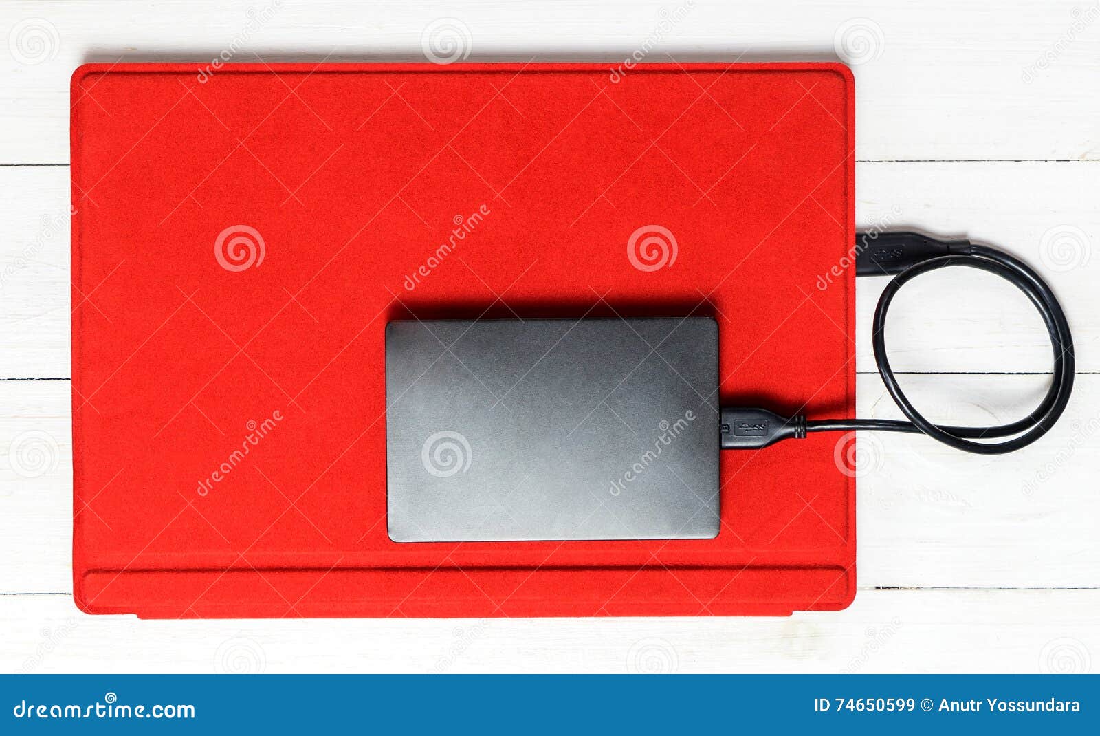 External Hard Disk on Red Tablet Computer Stock Image - Image of table ...