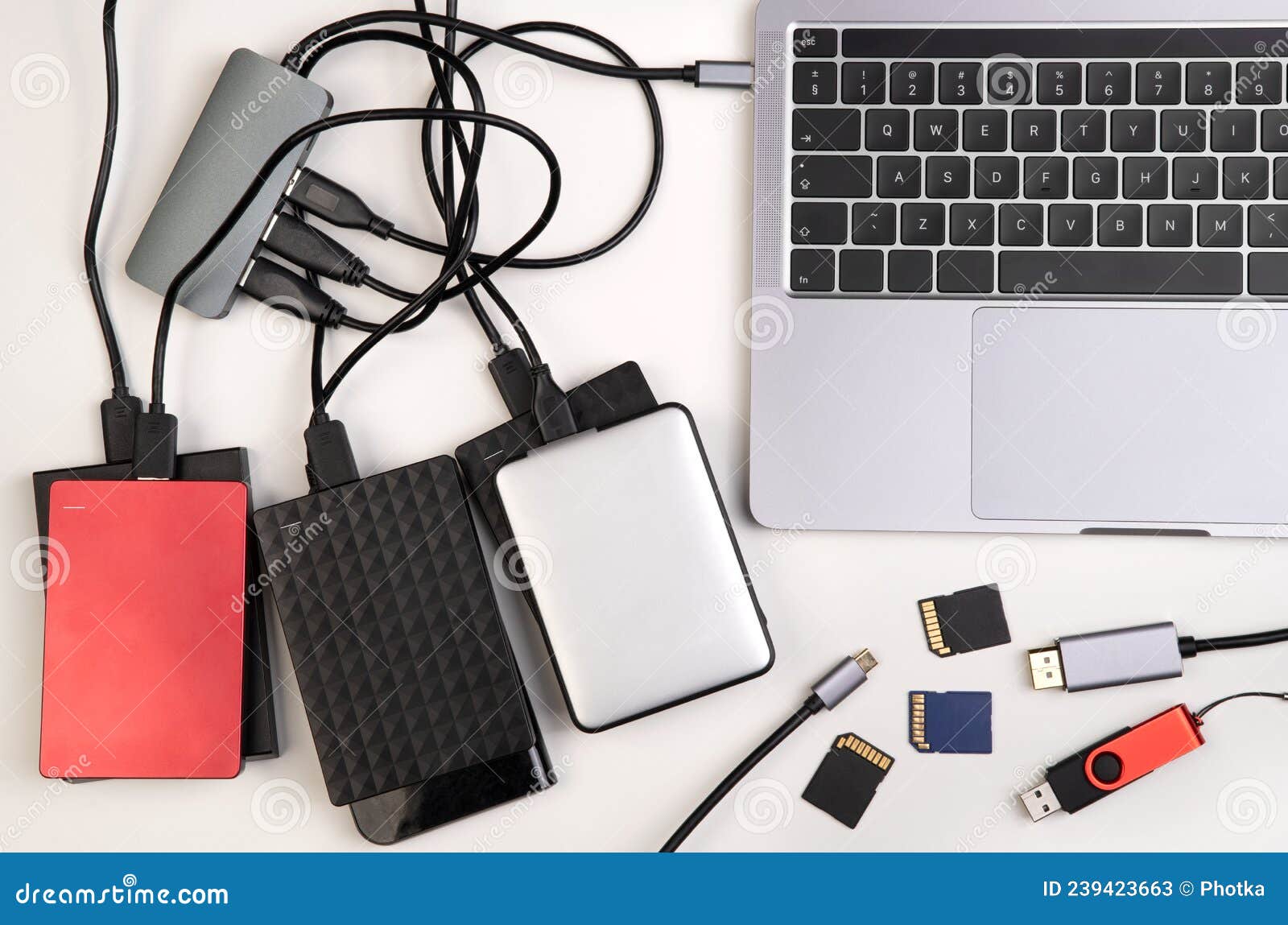 External Hdd Connected To The Laptop And USB Flash Drive On A Black ...