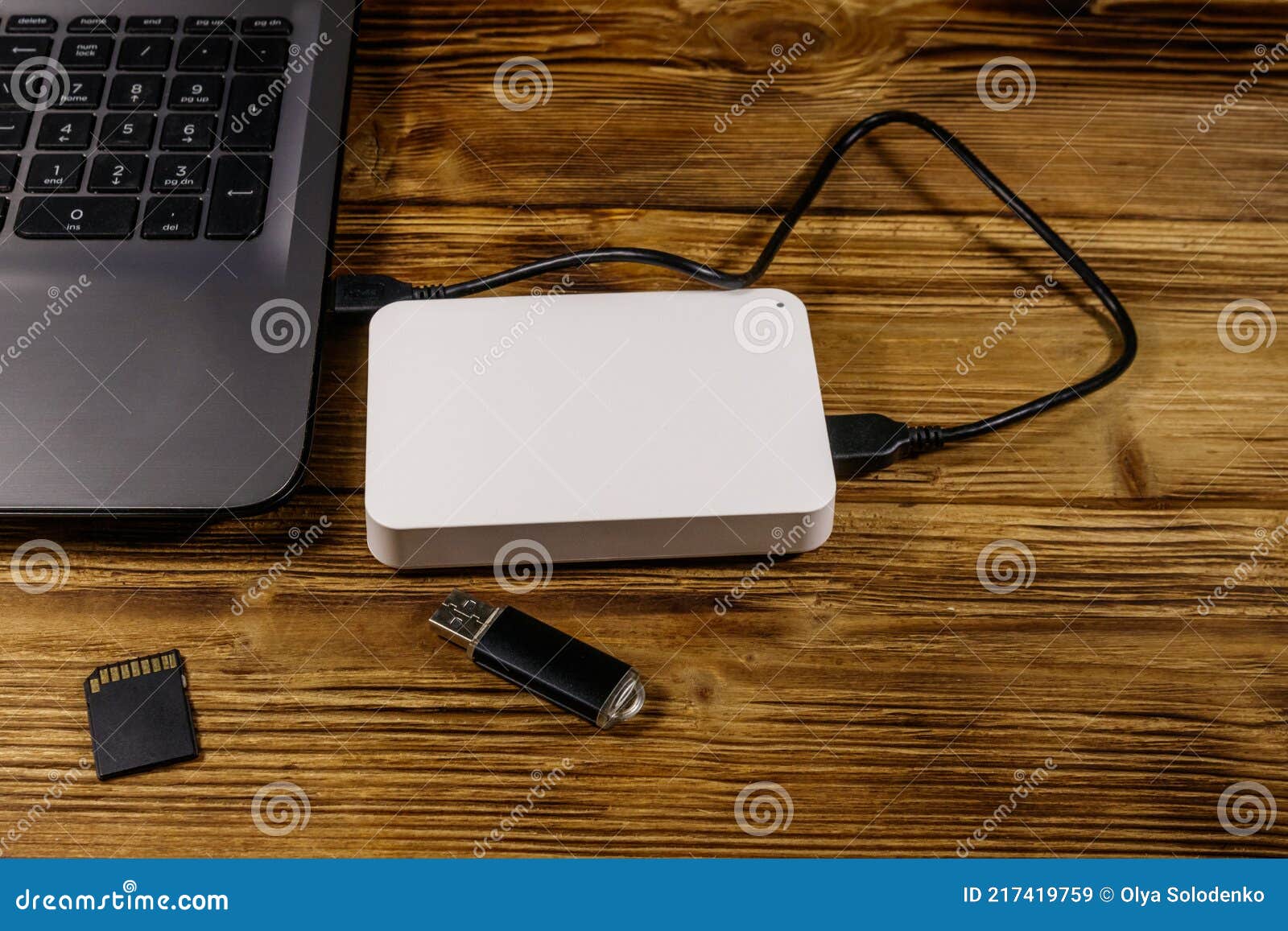 External HDD Connected To Laptop Computer, SD Memory Card and USB Flash ...