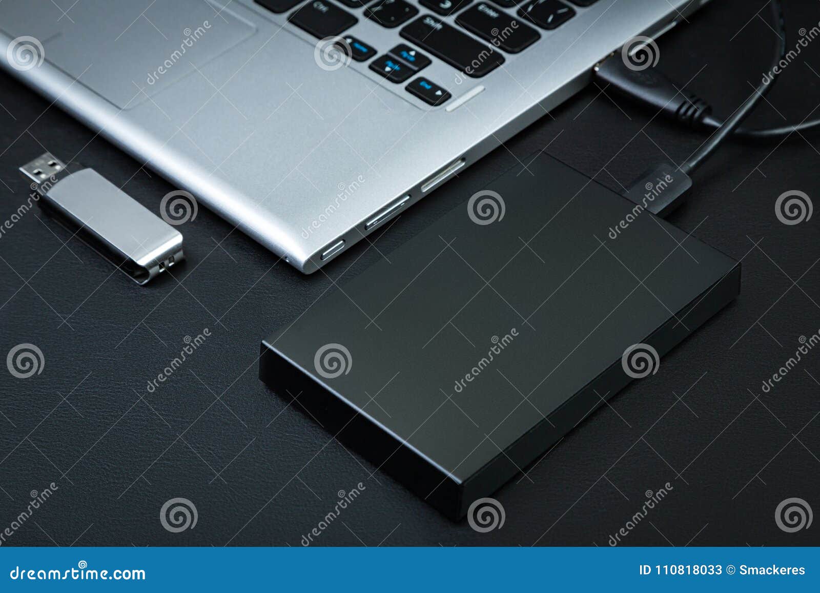 External Hdd Connected To the Laptop and USB Flash Drive on a Black ...