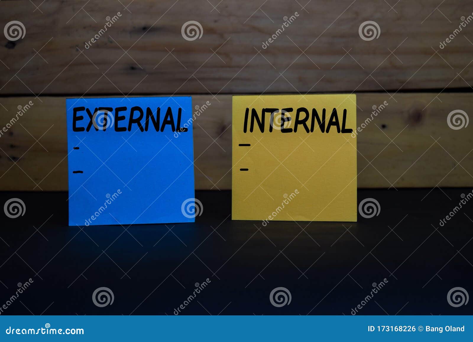 External and Internal Write on a Sticky Note Isolated on Wooden ...