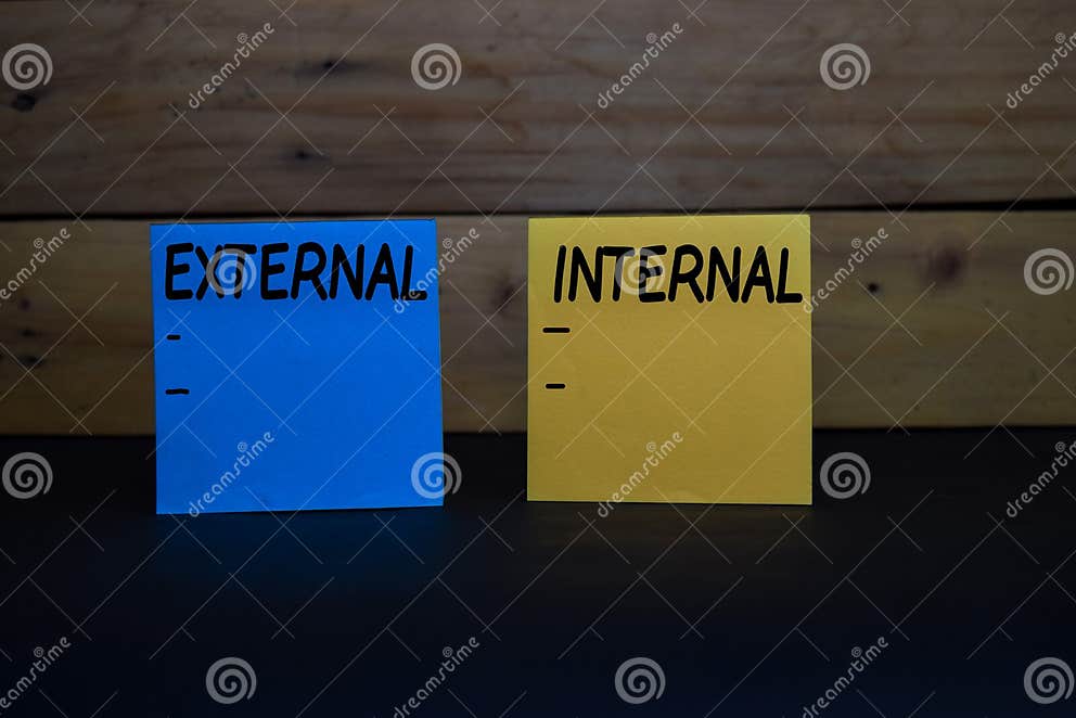 External and Internal Write on a Sticky Note Isolated on Wooden ...