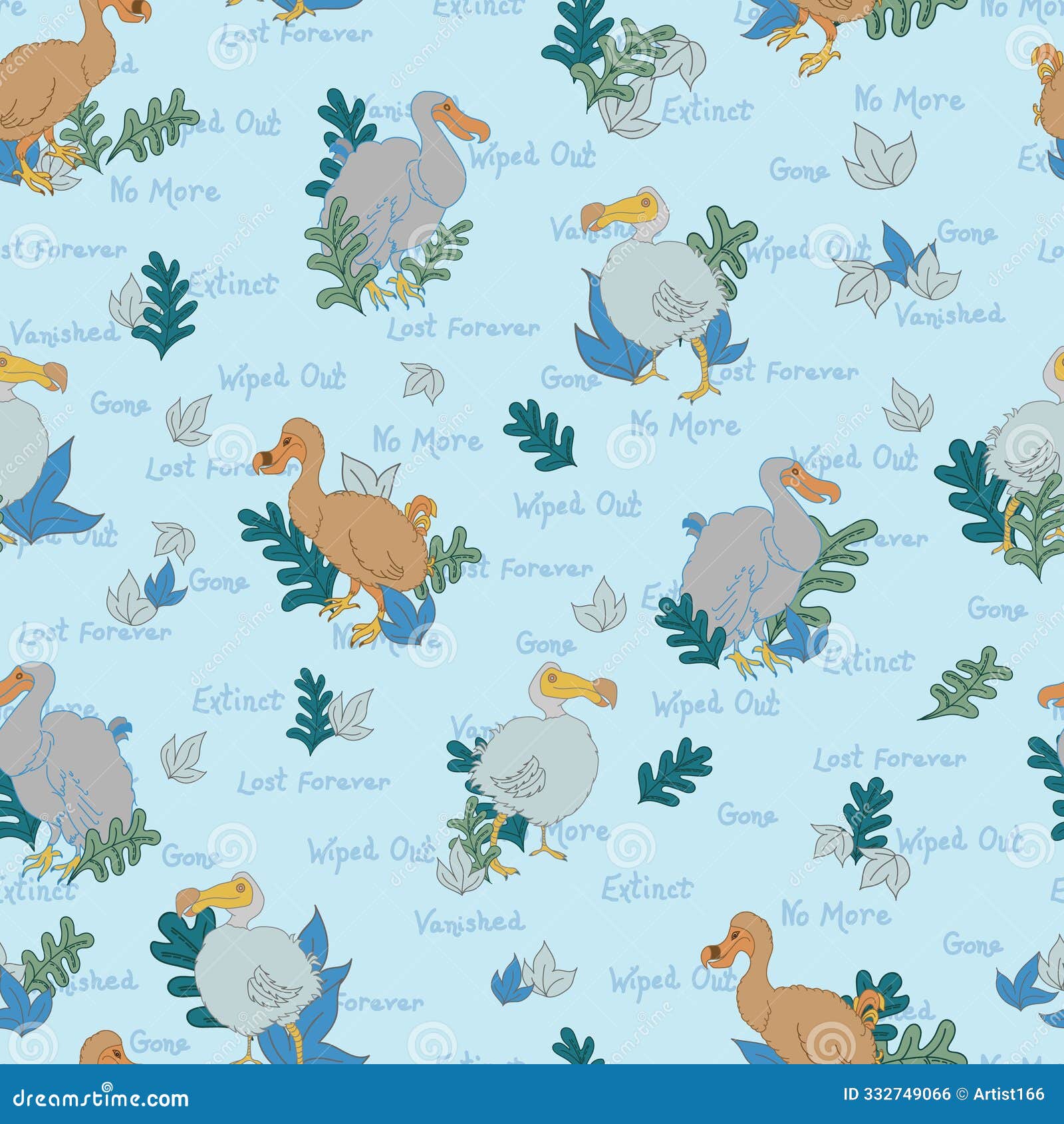 Extinct Dodo Birds with Fauna and Text on a Blue Background Creating a ...