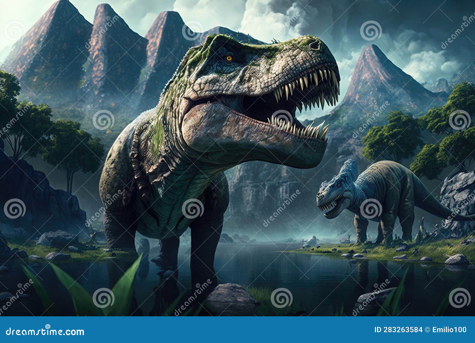 The Extinct World of Dinosaurs, Illustration Generated by AI Stock ...