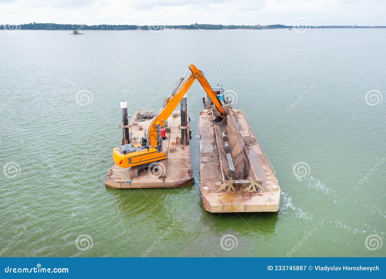 Extraction of Sand from the River, Excavator Digs Out Sand from the ...
