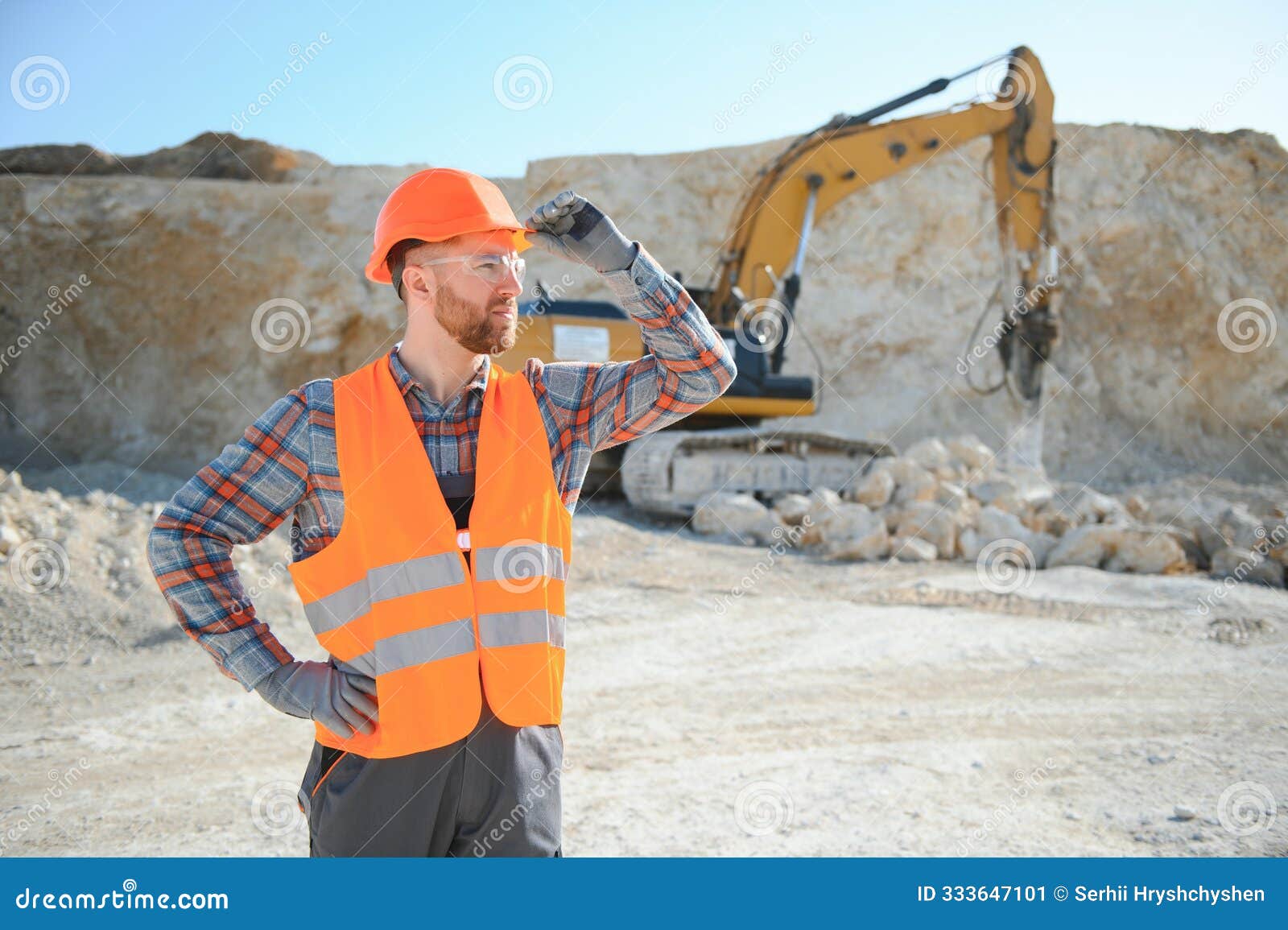 Extraction of Stone. Male Worker Next To Stone Quarry Stock Image ...