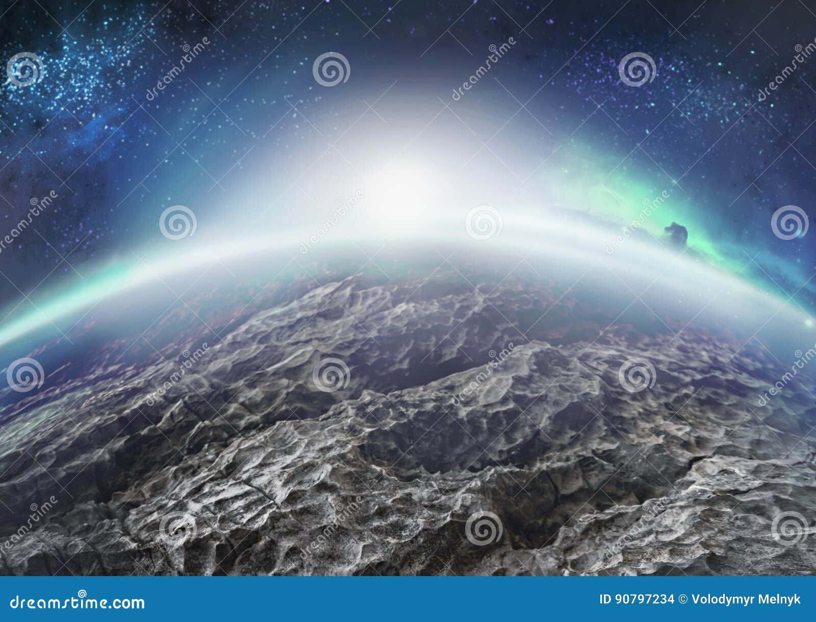 Extraterrestrial Landscape of Distant Icy Planet with Nebulae Stock ...