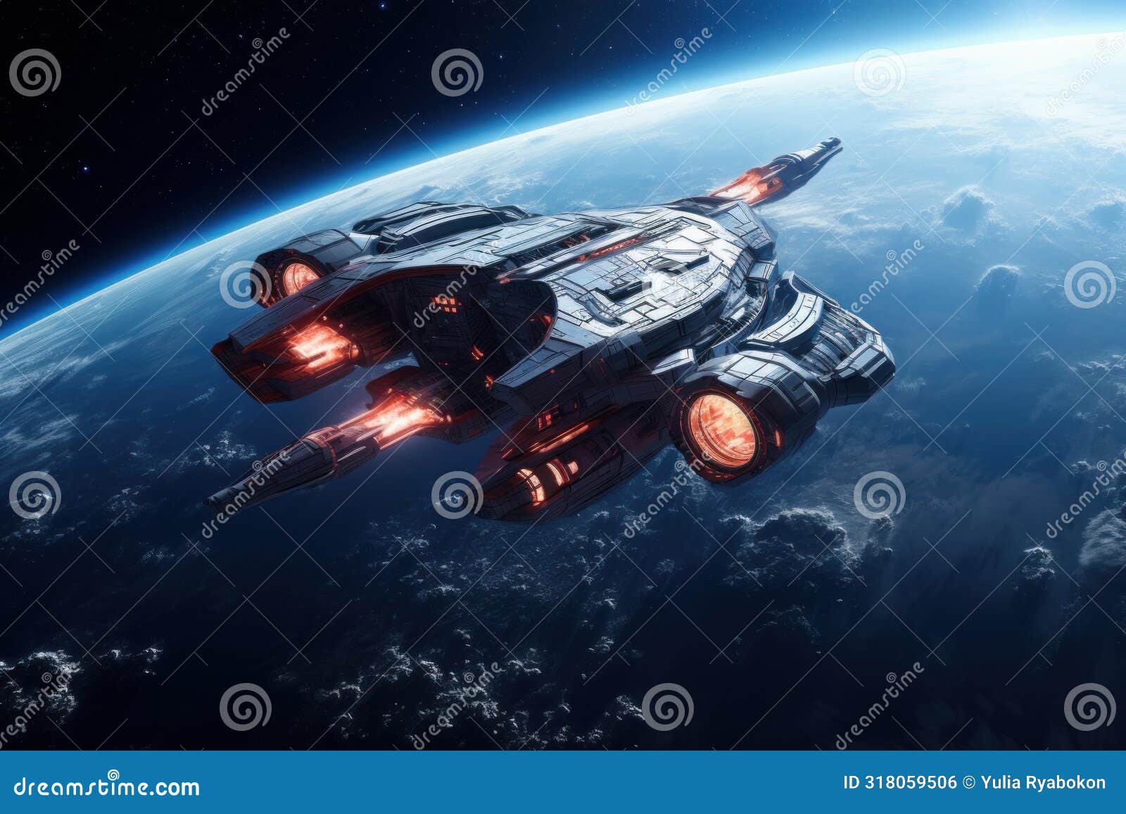 Extraterrestrial Spaceship Fleet With Glowing Blue Lights Flying Above ...