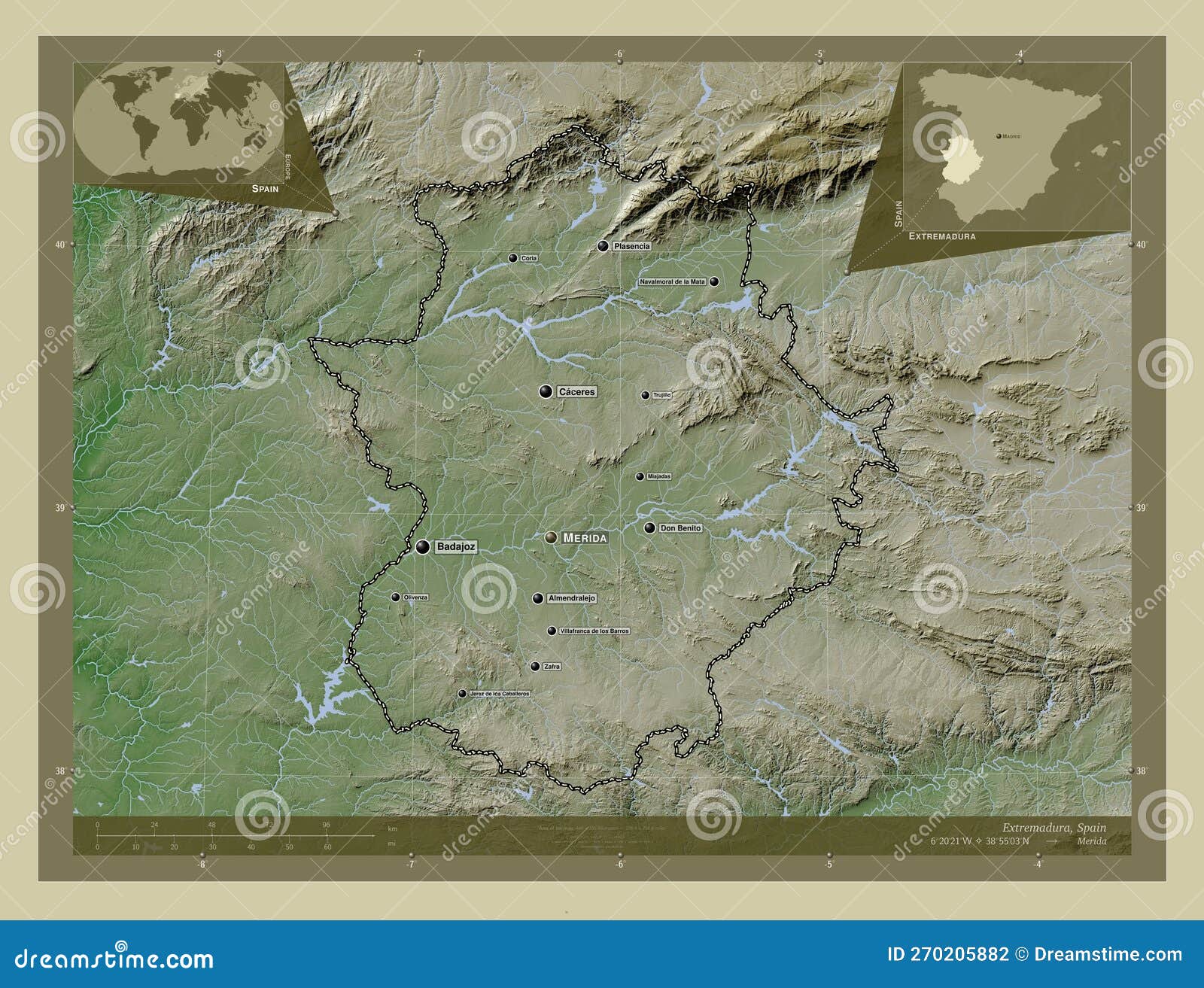 Extremadura, Spain. Wiki. Labelled Points of Cities Stock Illustration ...
