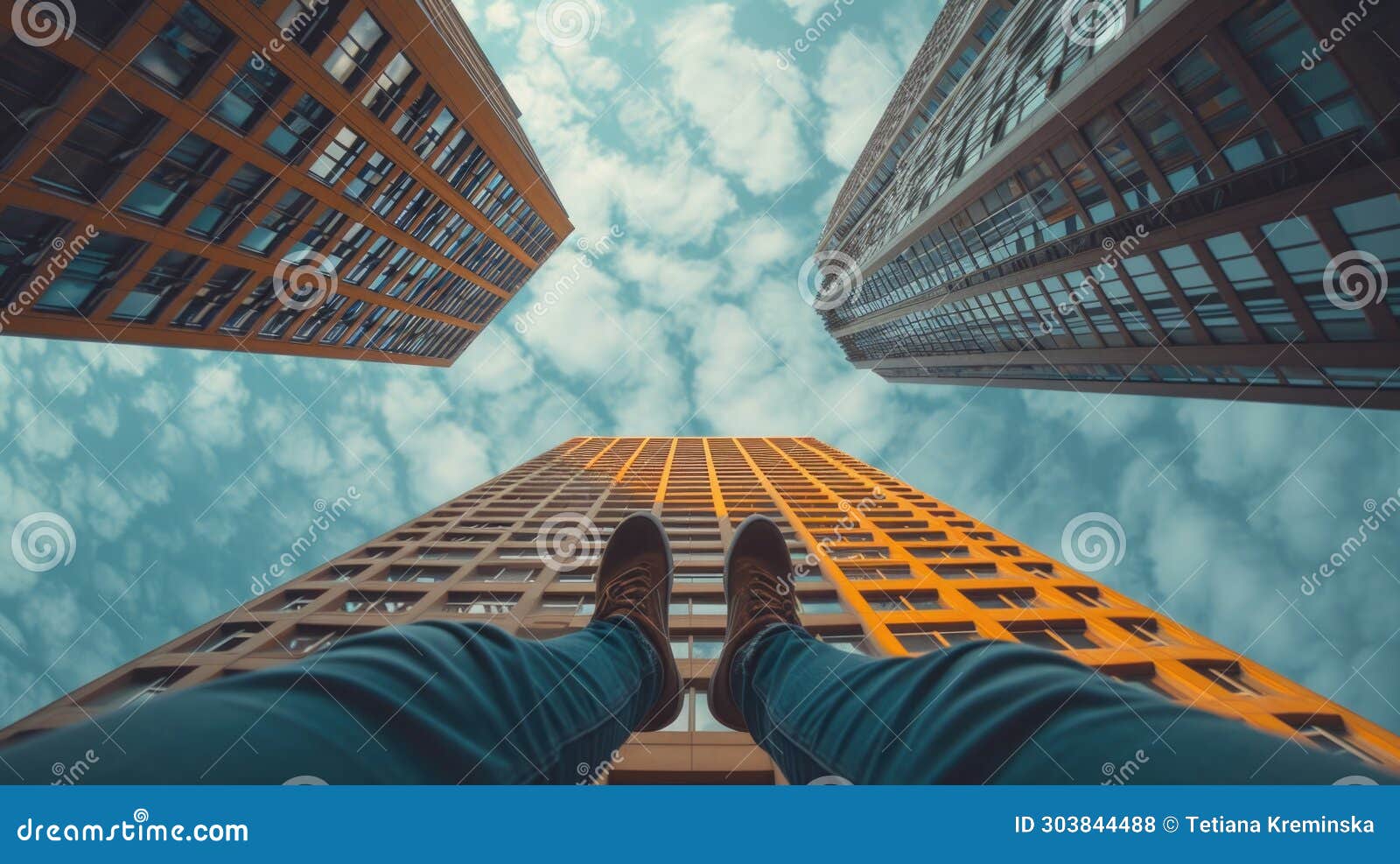 Extreme Angle Shot Looking Down from a Skyscraper, Capturing a Roofer ...