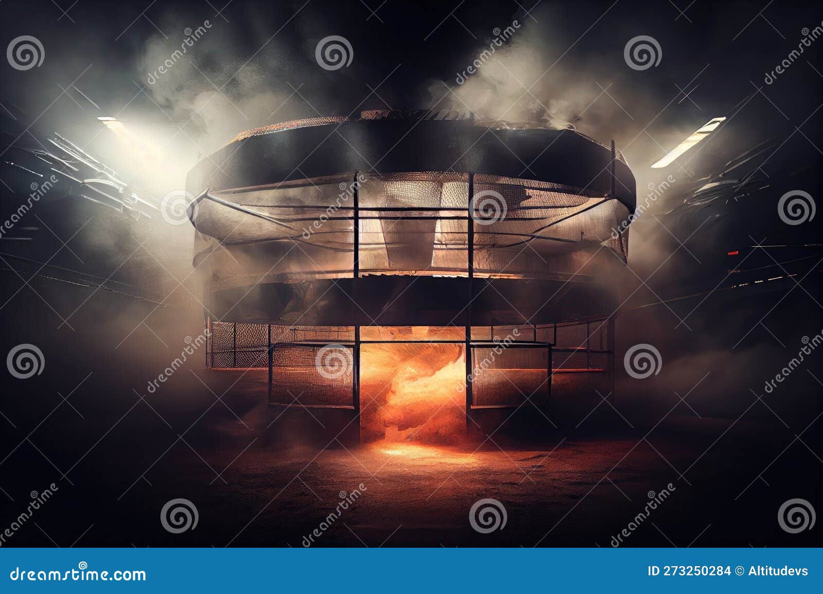 Extreme Cage Fight Arena with Smoke and Lights, Creating a Dramatic ...