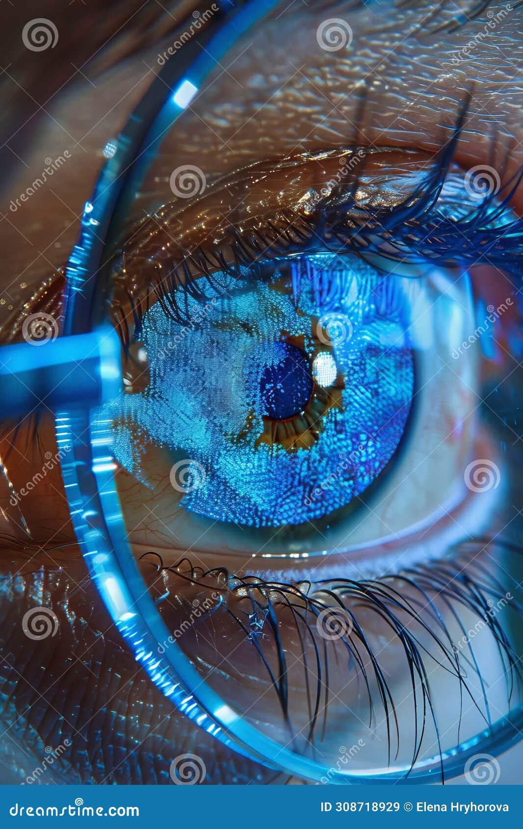 Extreme Close-up of an Eye with Blue Glasses Reflection, Digital Pixels ...