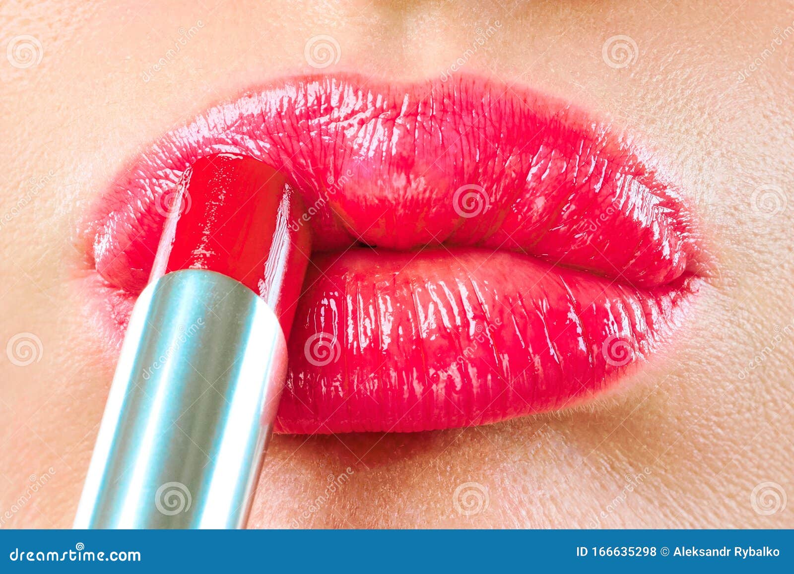 Extreme Close Up On Model Applying Red Lipstick Professional Fashion