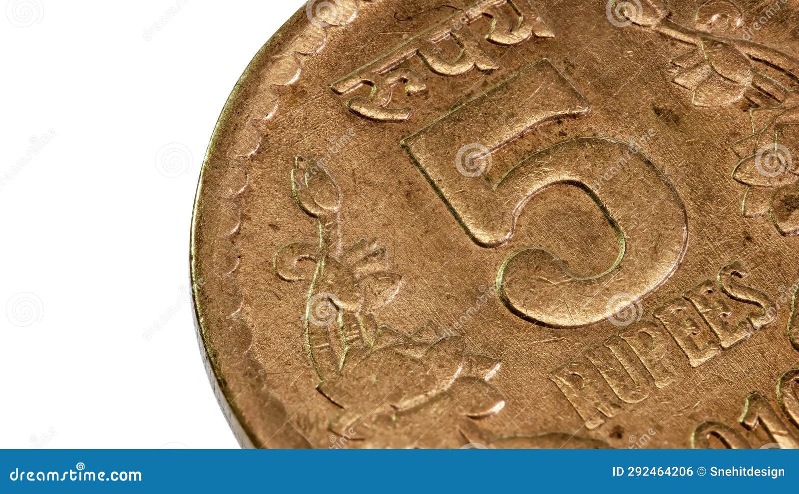 Extreme Close Up View of Brass Five Rupee Indian Coin Stock ...