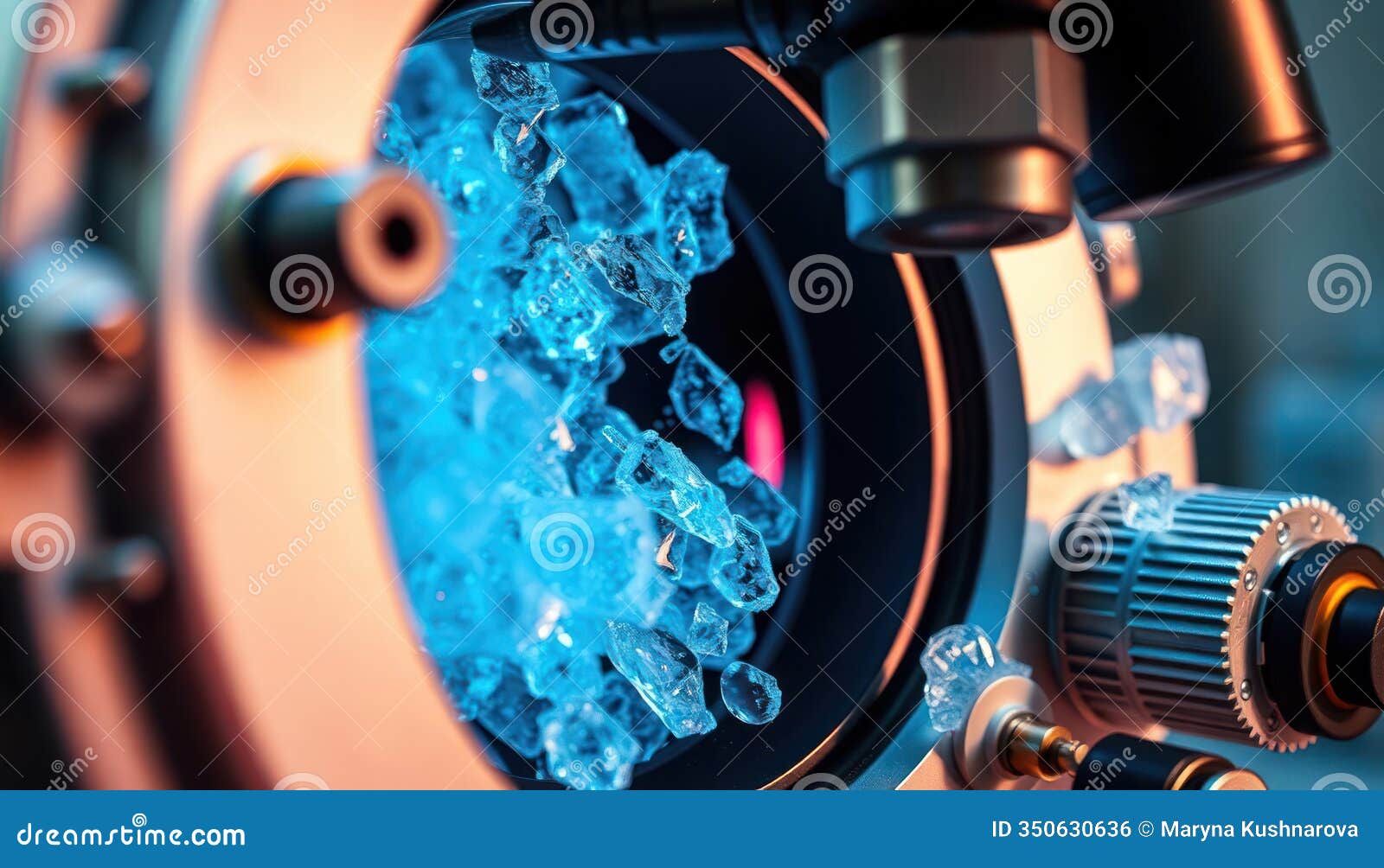 Extreme Close-up View of Cryogenic Electron Microscope. Crystals Ice ...