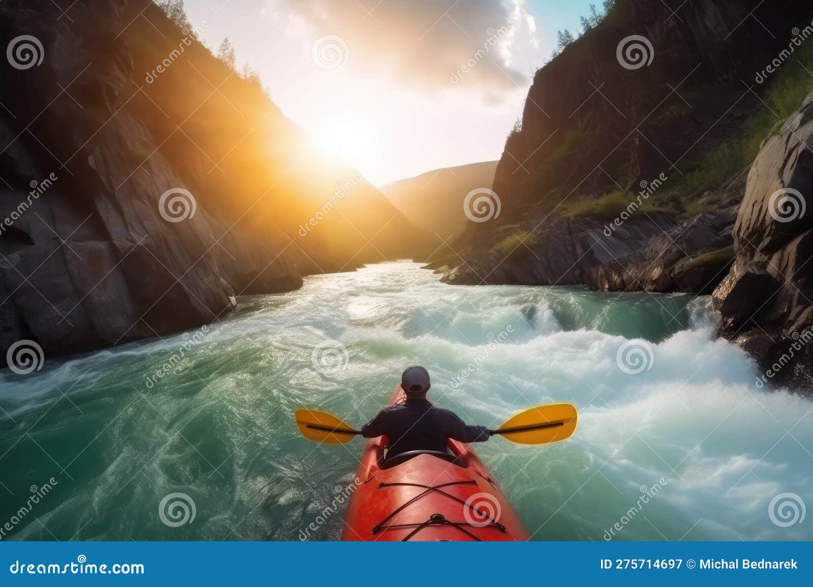 Extreme Kayaking Down the Wild River in Mountains at Sunset, Generative ...